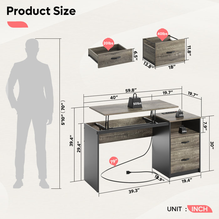 17 Stories 59.8" Lift Top Computer Desk with File Drawer, Large Study ...