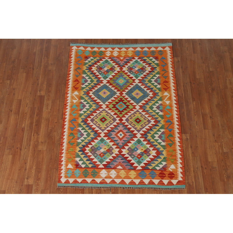 Dakota Fields Geometric Kilim Oriental Wool Rug 4x6 | Wayfair
