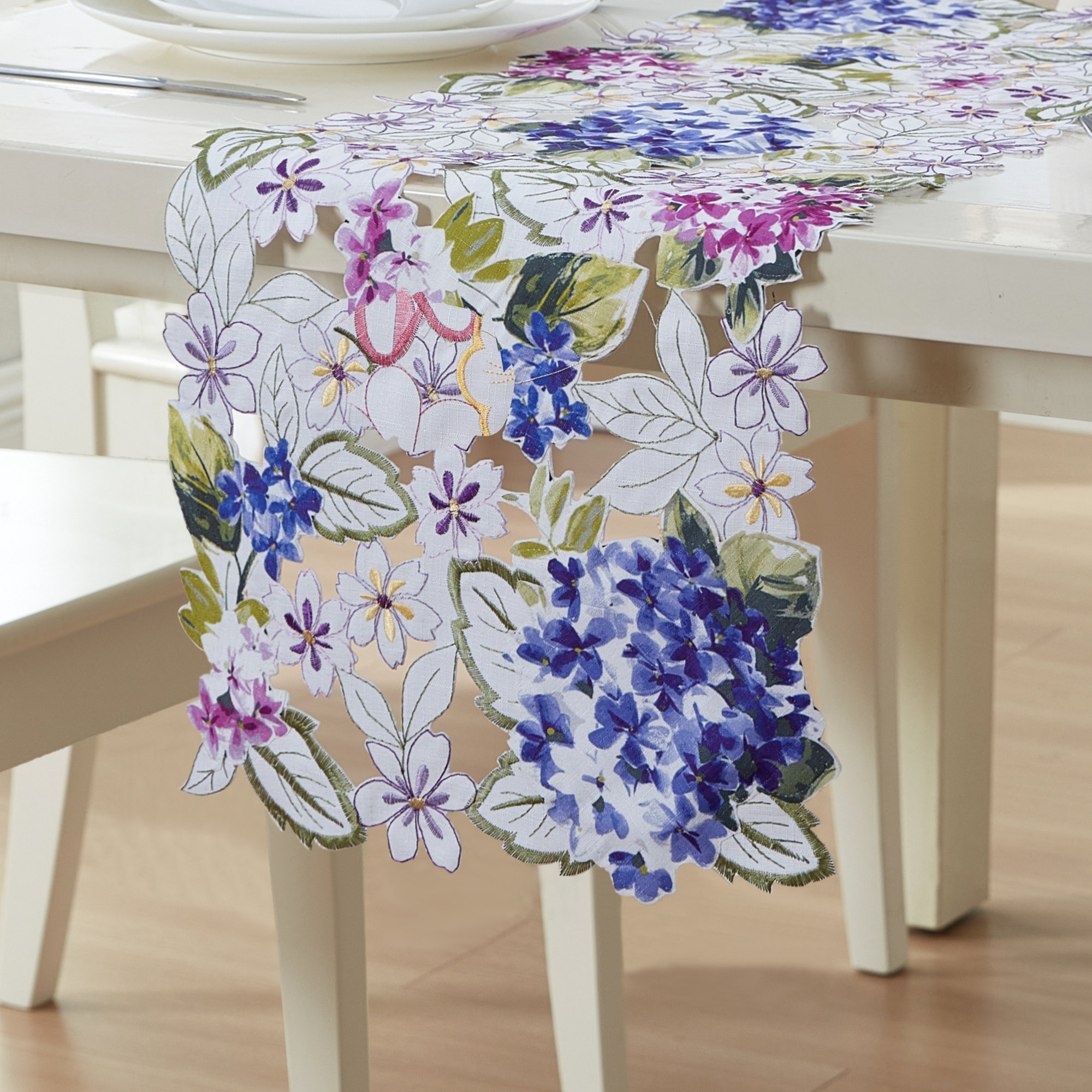 Winston Porter Oday Spring Hydrangea Floral Allover Table Runner | Wayfair