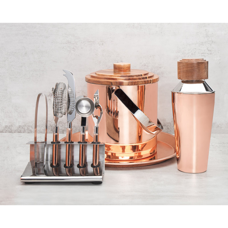 Godinger Silver Art Co Petra Copper & Wood 9 Piece Bar Tool Set | Wayfair