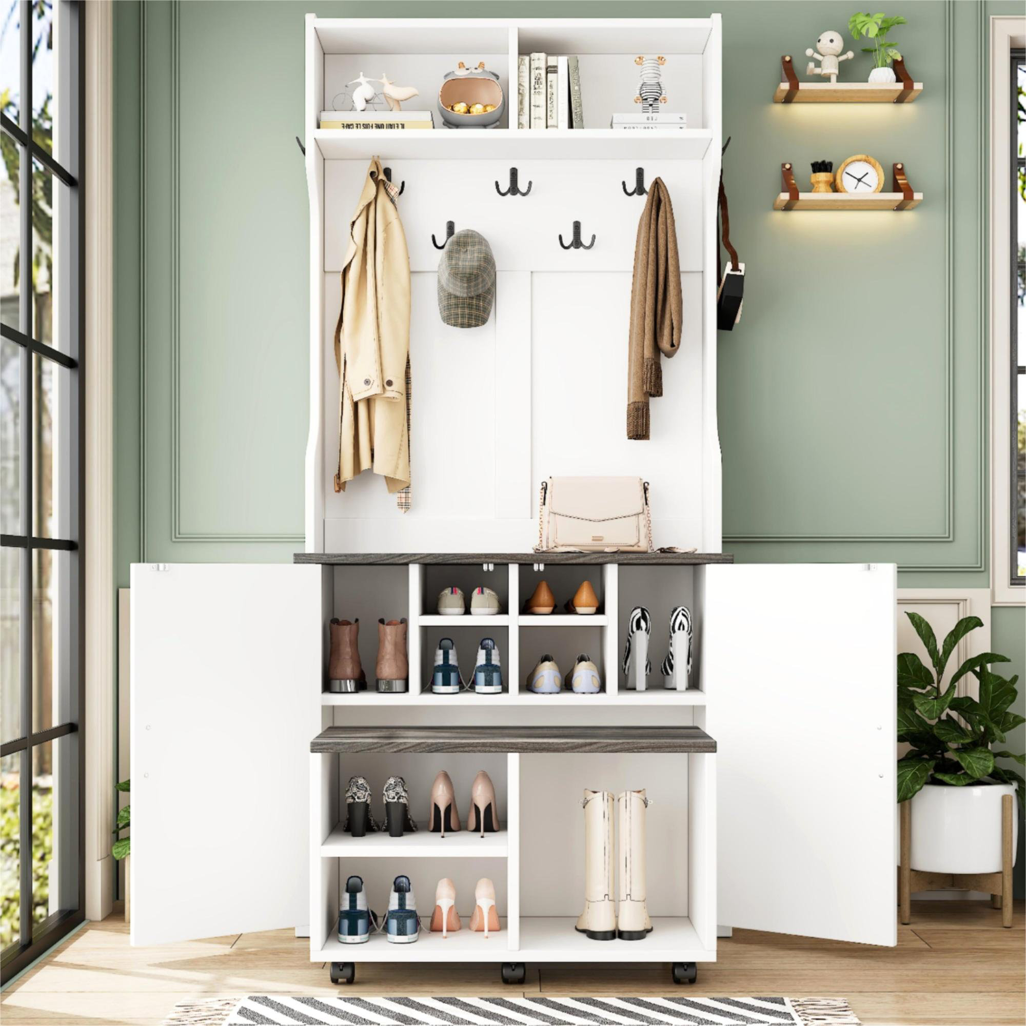 August Grove® Farmhouse 4-in-1 Hall Tree With Barn Doors – Movable ...