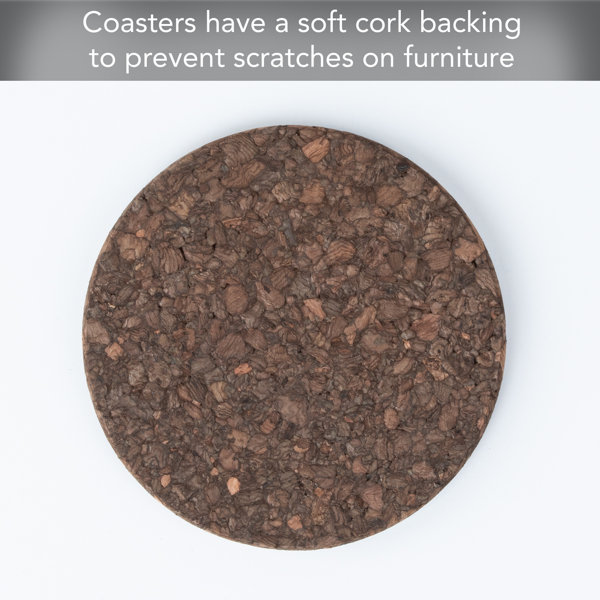 Ebern Designs Dark Cork Coasters with Black Wrought Iron Coaster Holder ...