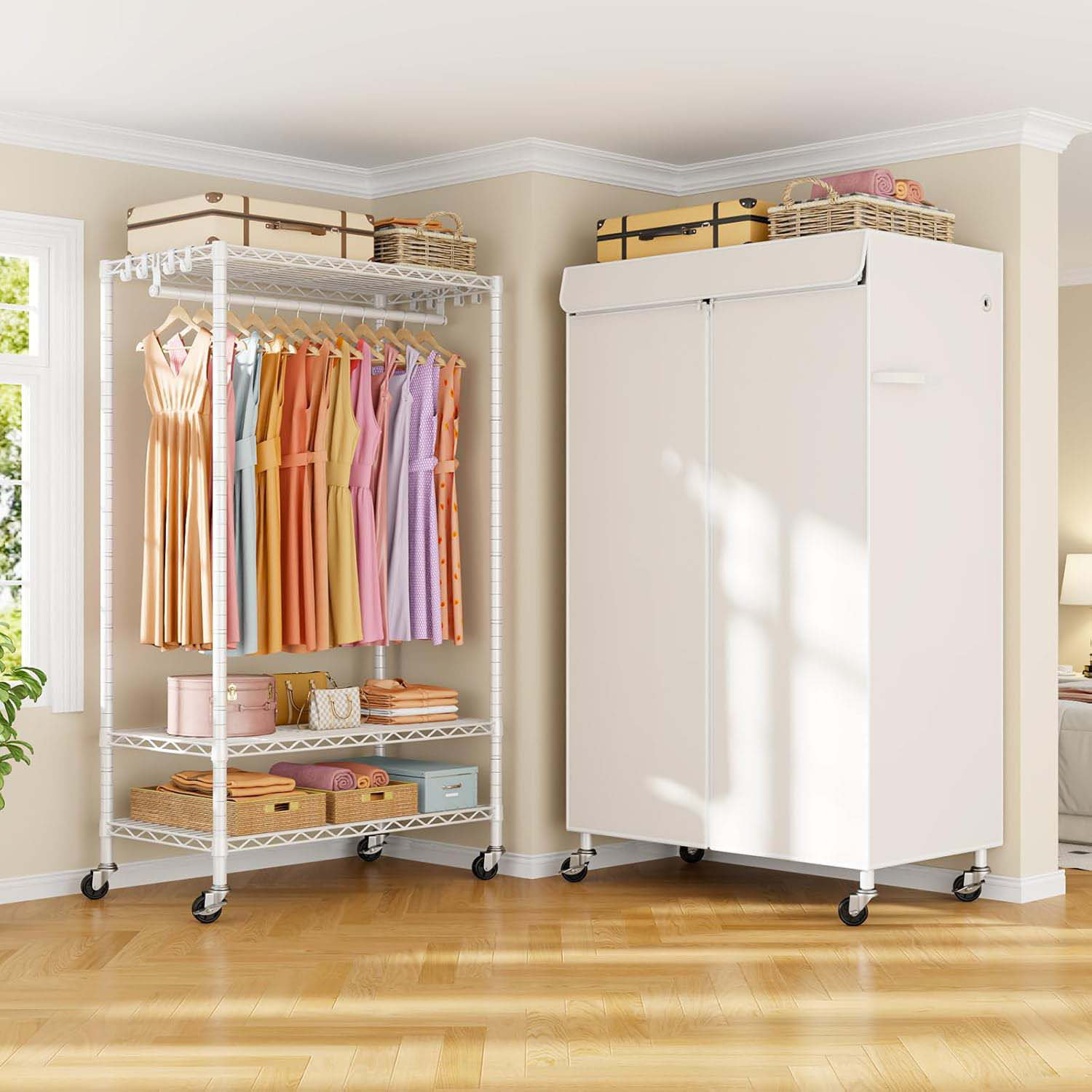Rebrilliant Rolling Clothes Rack With Cover, Covered Clothing Racks ...