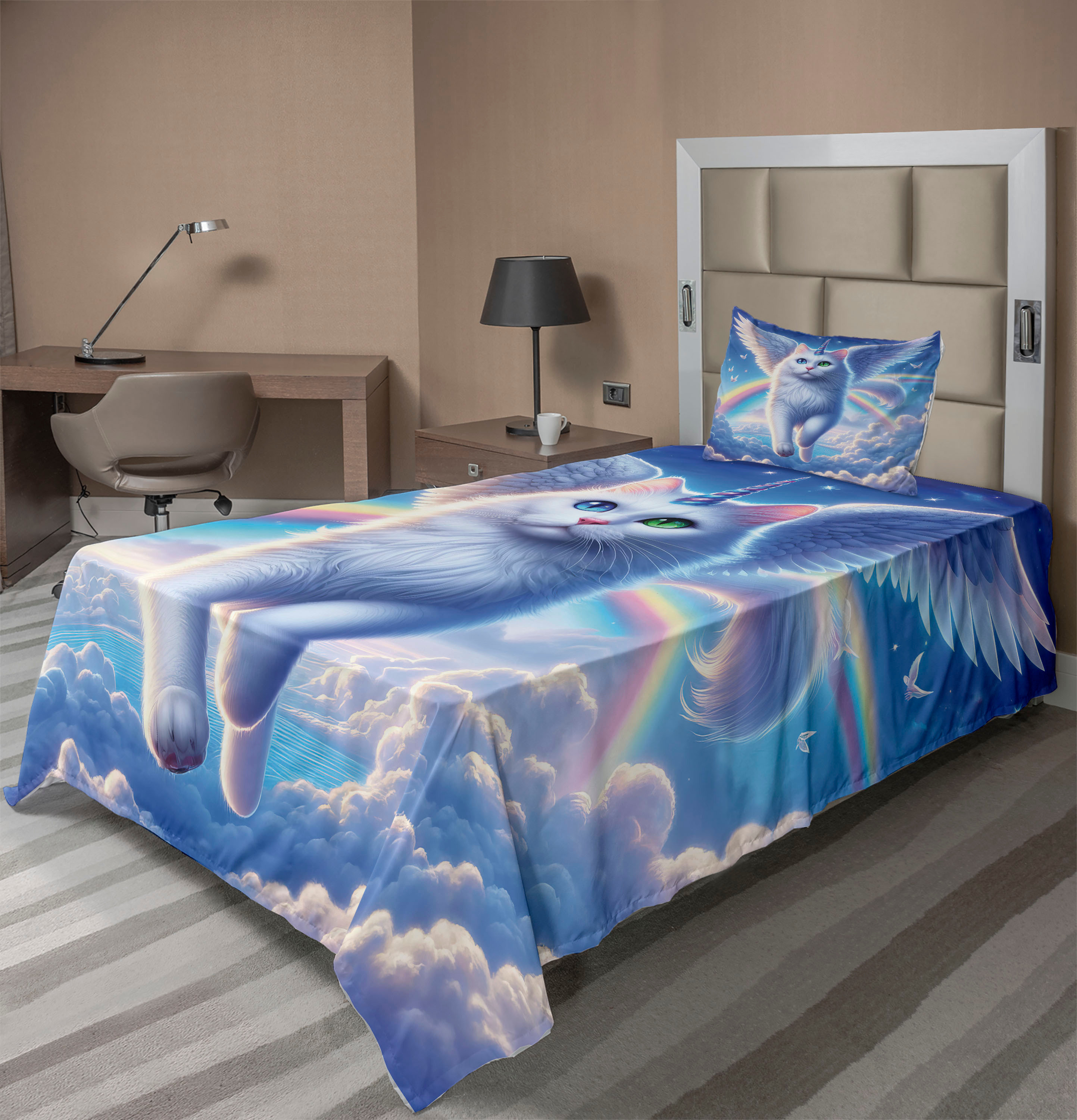 Ambesonne Cat Sheet Set Pegasus Kitty Flies Clouds Sky Azure Blue Pale ...