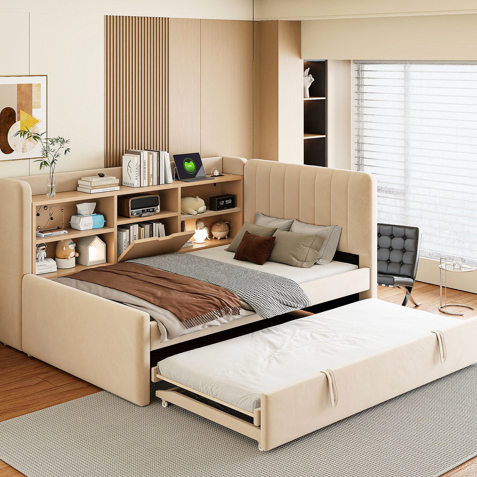 Latitude Run® Twin Size Upholstered Daybed With Trundle, Storage ...