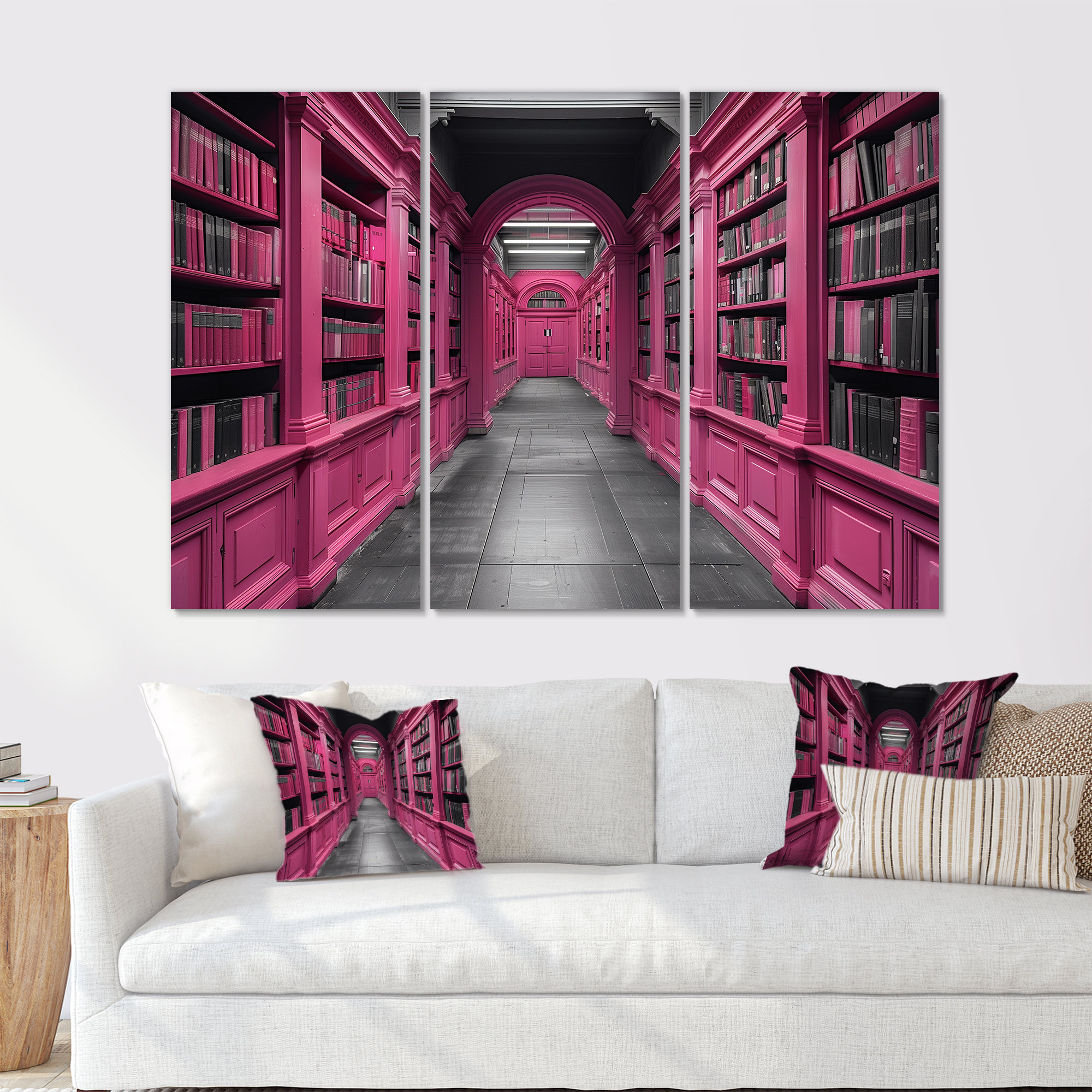 Design Art Pink Grey Library Bookshelf Perspective II - Libraries Wall ...