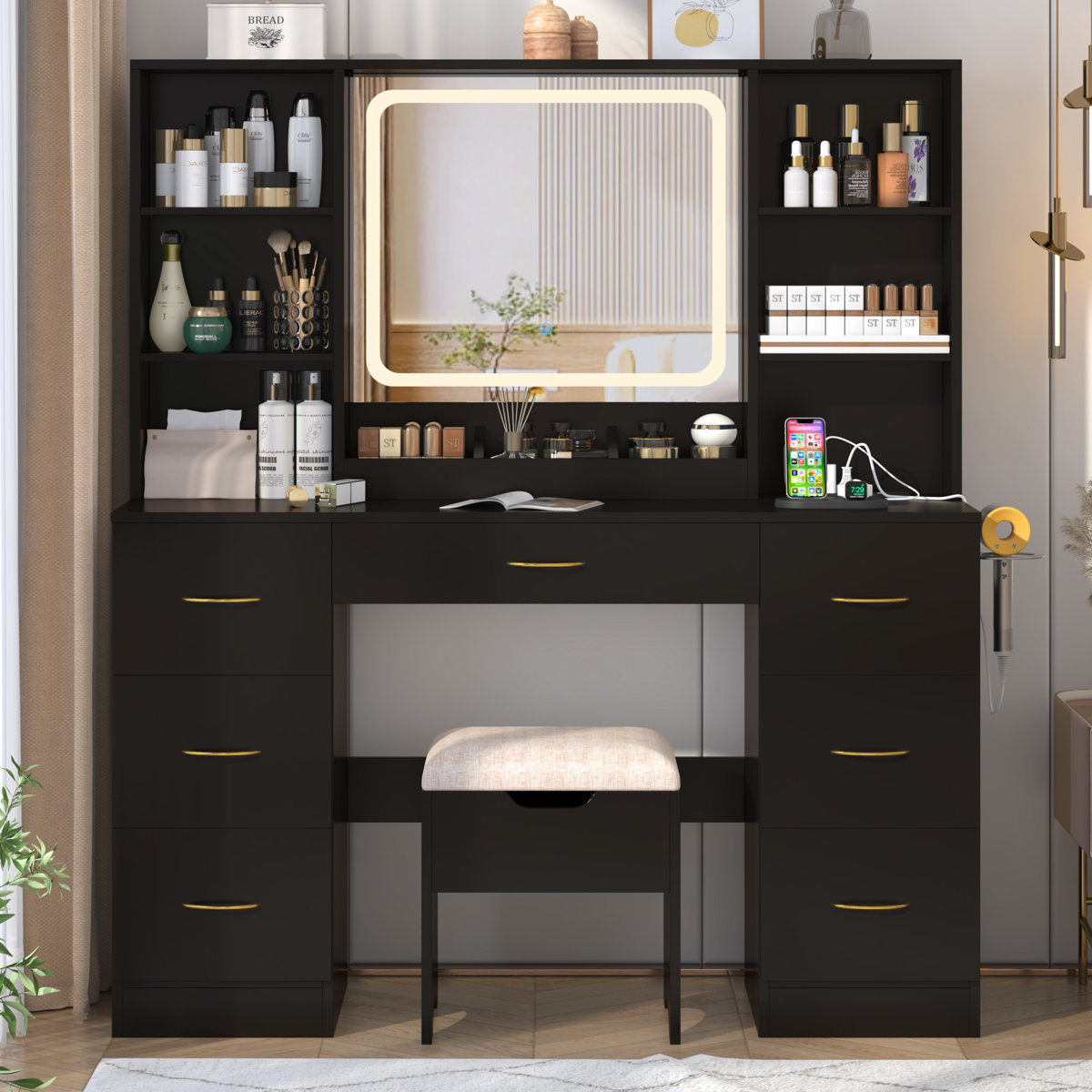 Latitude Run® 47" Vanity Desk with LED Lighted Mirror,Drawers ...
