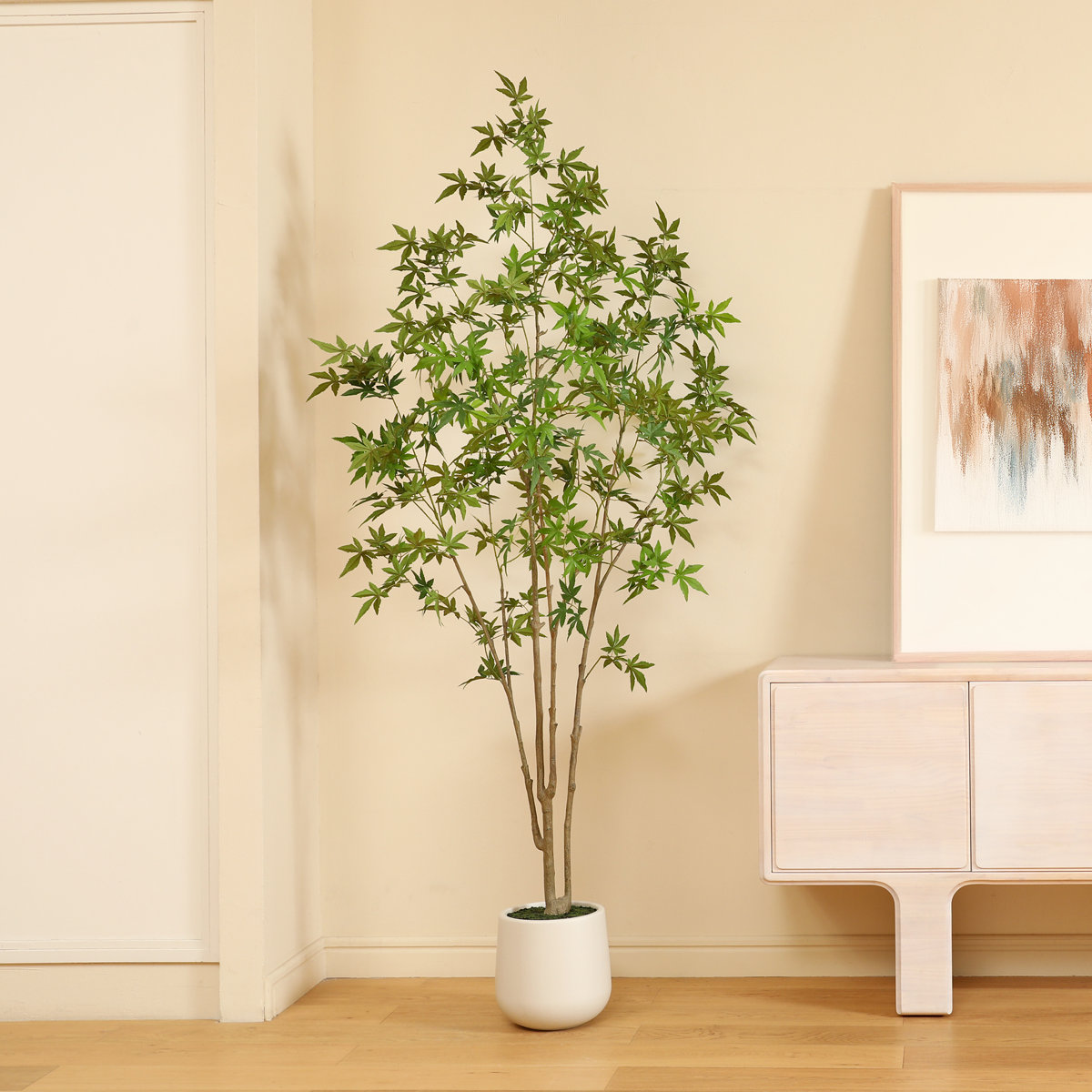 Primrue Adcock Artificial Maple Tree with Round White Planter, Pre ...