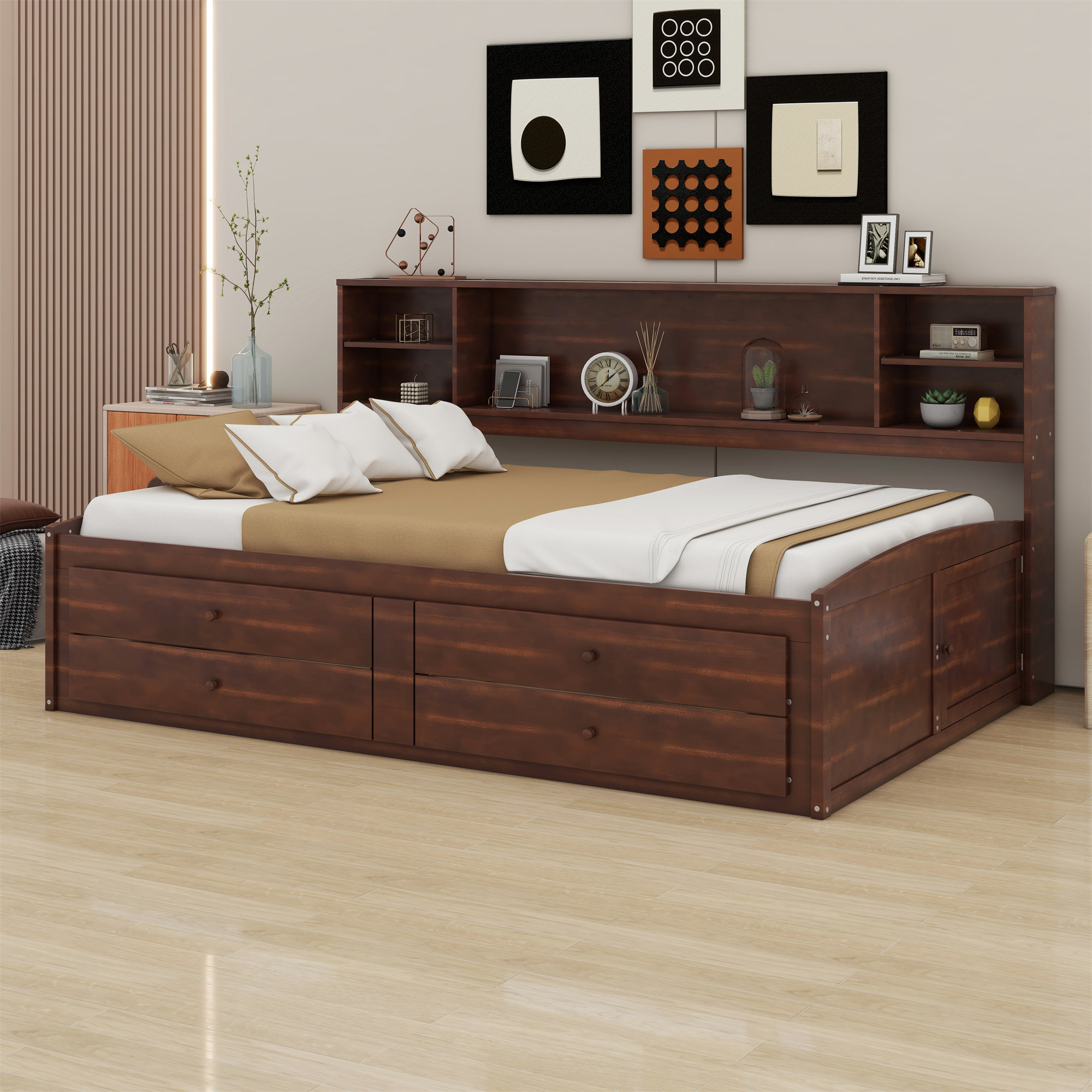 Lark Manor Wooden Captain Bed With Built-In Storage Shelves,Drawers And ...
