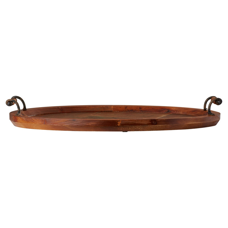 Loon Peak® Ilirjana Wood Large Oval Decor Brown Tray with Scroll Metal ...