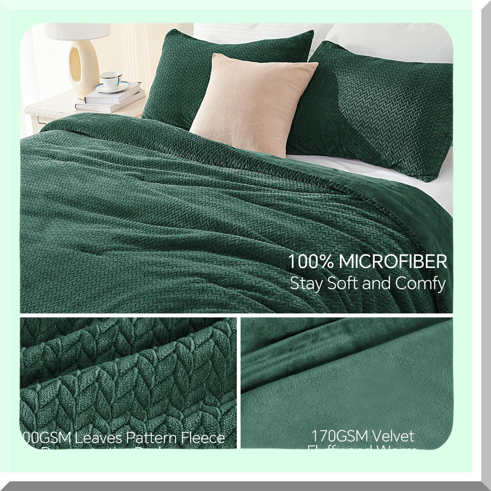 Everly Quinn WinterFur Leafy Comfort Set - Ultra Soft Queen Bedding - 3 Piece Fuzzy Green Velvet ...