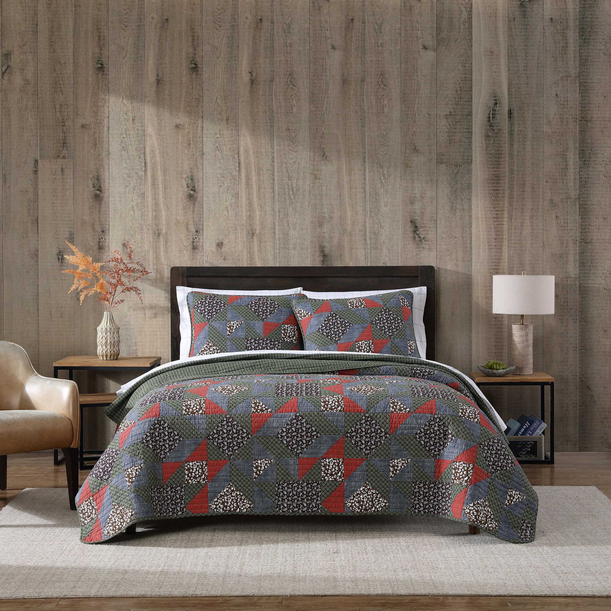 Eddie Bauer Block Patchwork Cotton Reversible Green Quilt Set | Wayfair