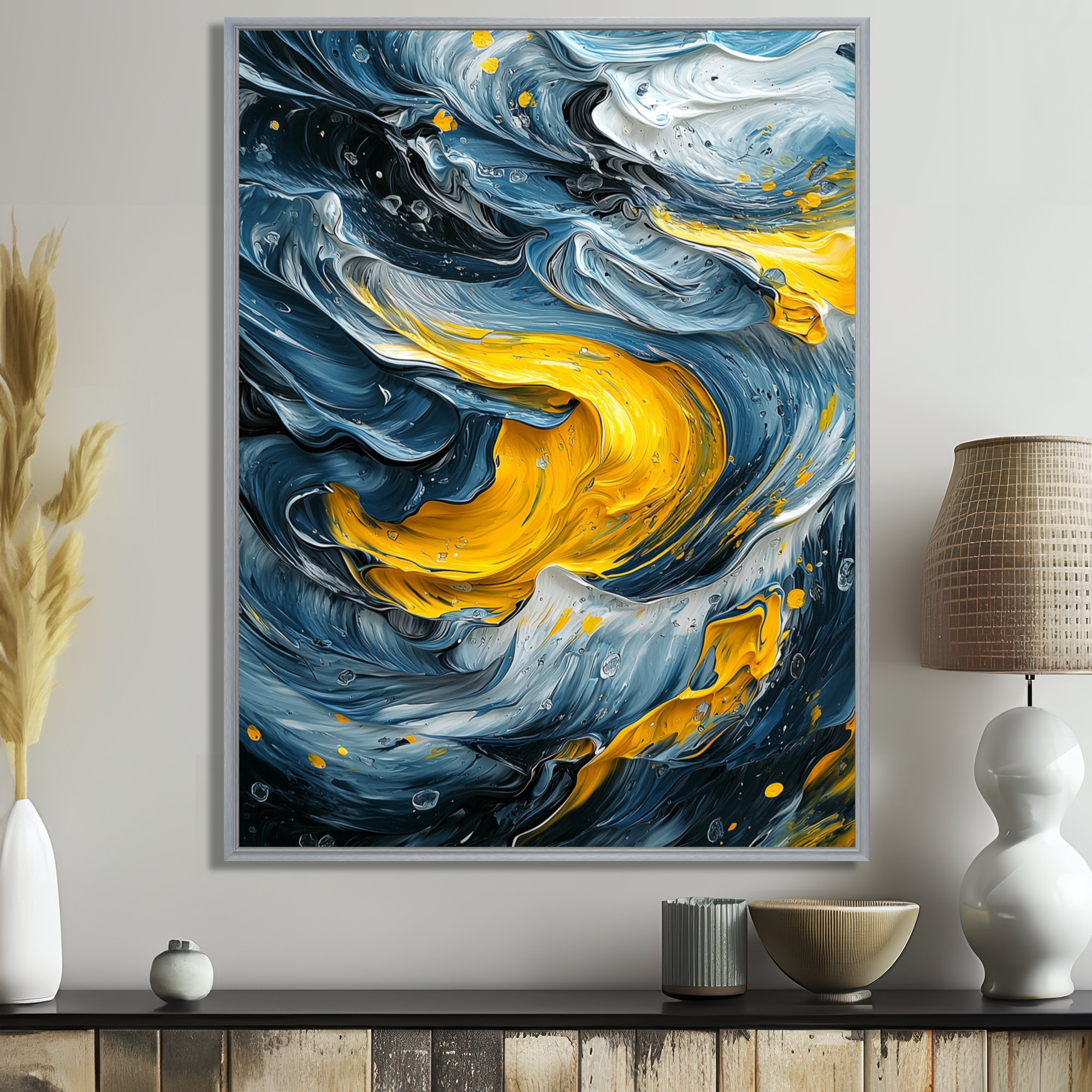 Wrought Studio™ Ocella Yellow And Grey Ink Oceanic Waves III - Abstract ...