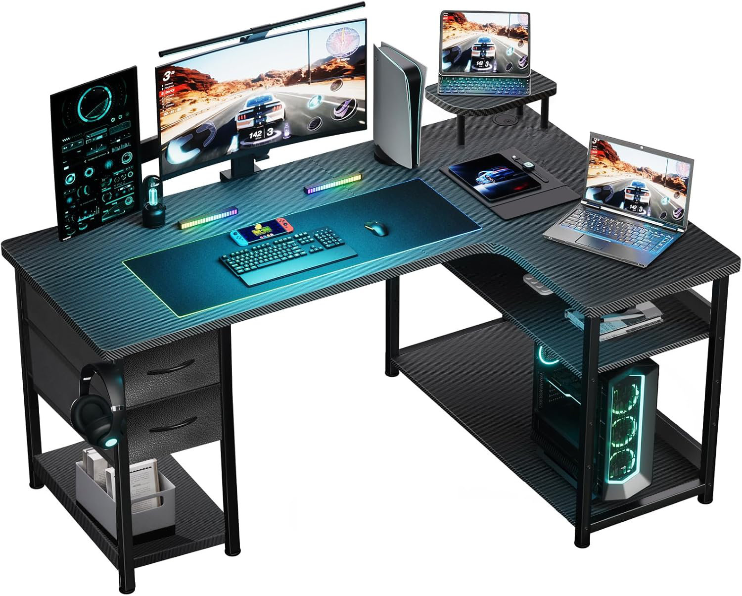 17 Stories L-Shaped Gaming Desk With Drawers, Carbon Fiber Style ...