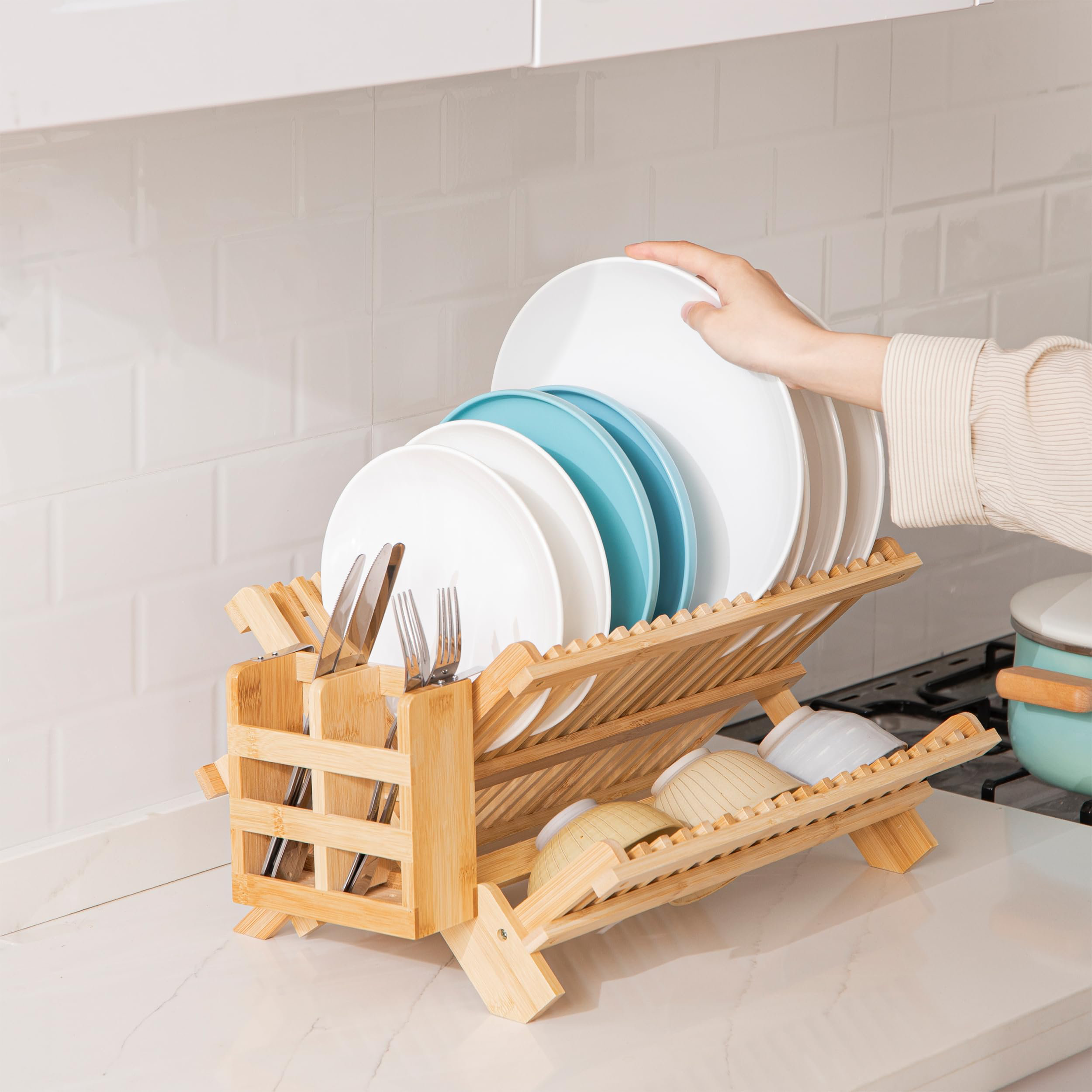 SUNCOAST HARDWARE, LLC Bamboo Dish Drying Rack With Utensils Flatware ...