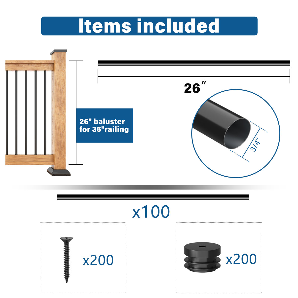 RoomTec Metal Deck Railing Hollow Round Deck Railing Spokes Black Matte ...