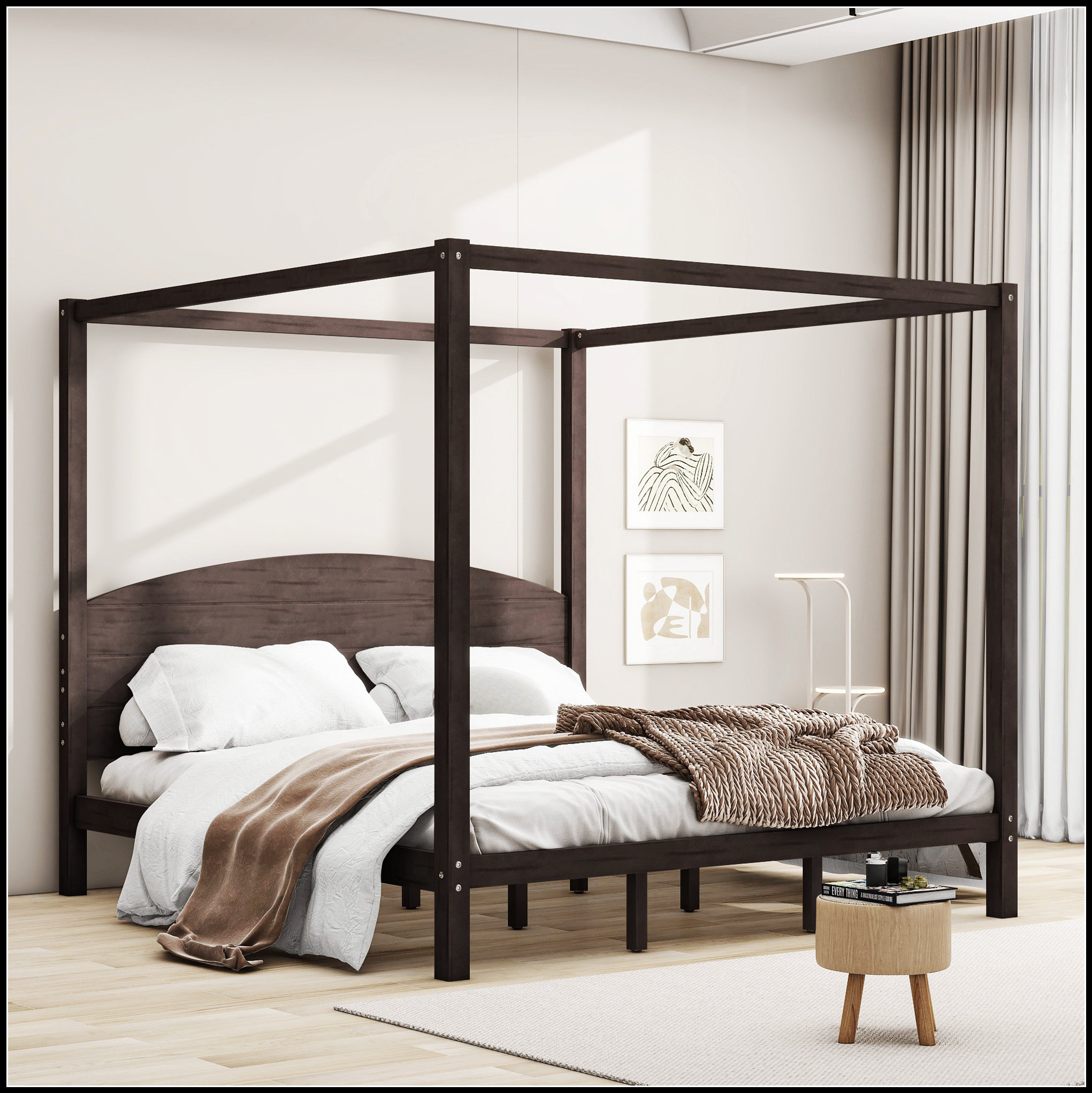 Latitude Run® Stylish CaNopy Platform Bed with Built-in Headboard and ...