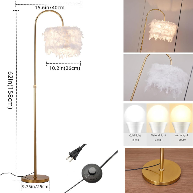 Everly Quinn Feather LED Floor Lamp - Natural Ostrich Feathers, Gold ...