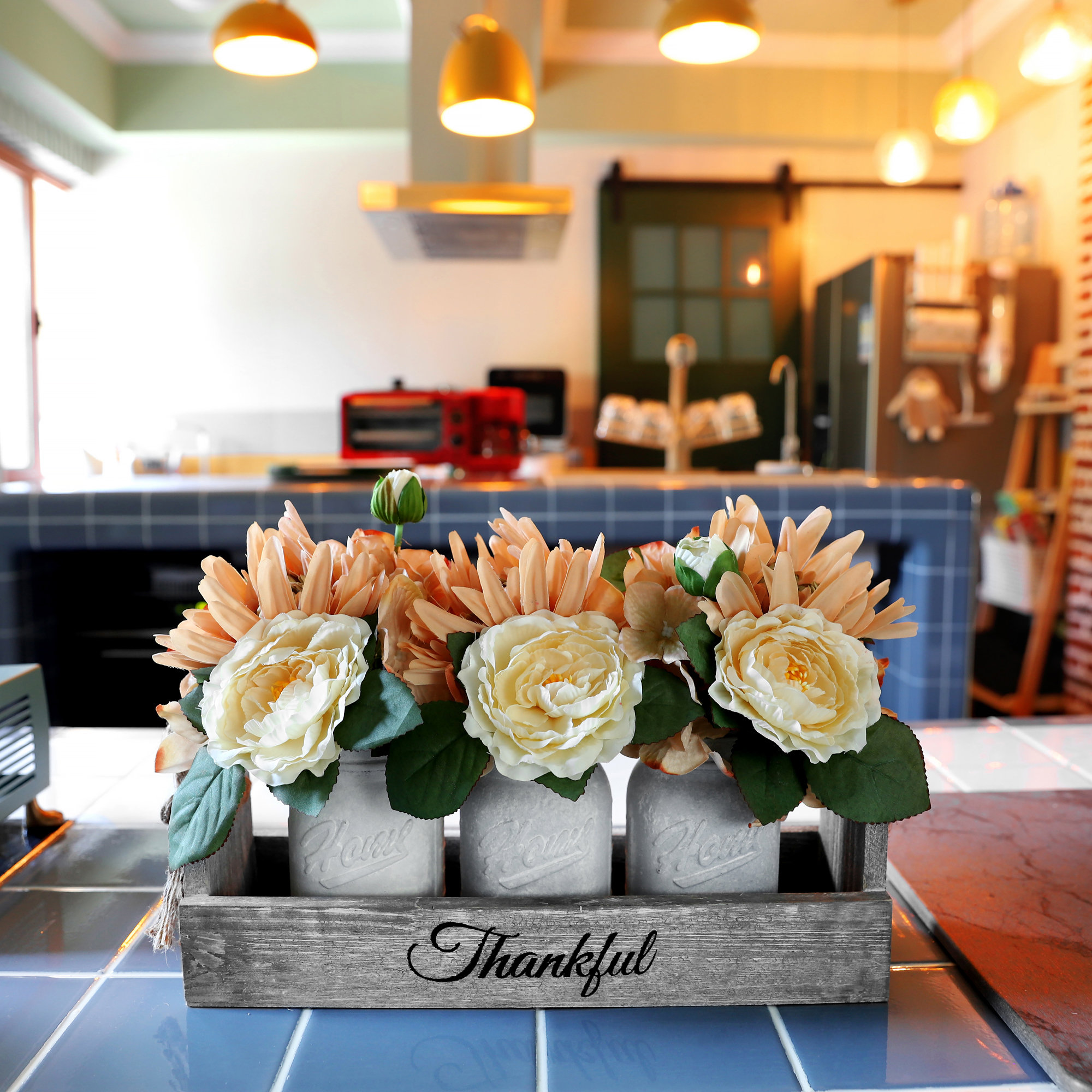 August Grove Centerpieces for Table with 3 White Jars & Rose Flowers ...