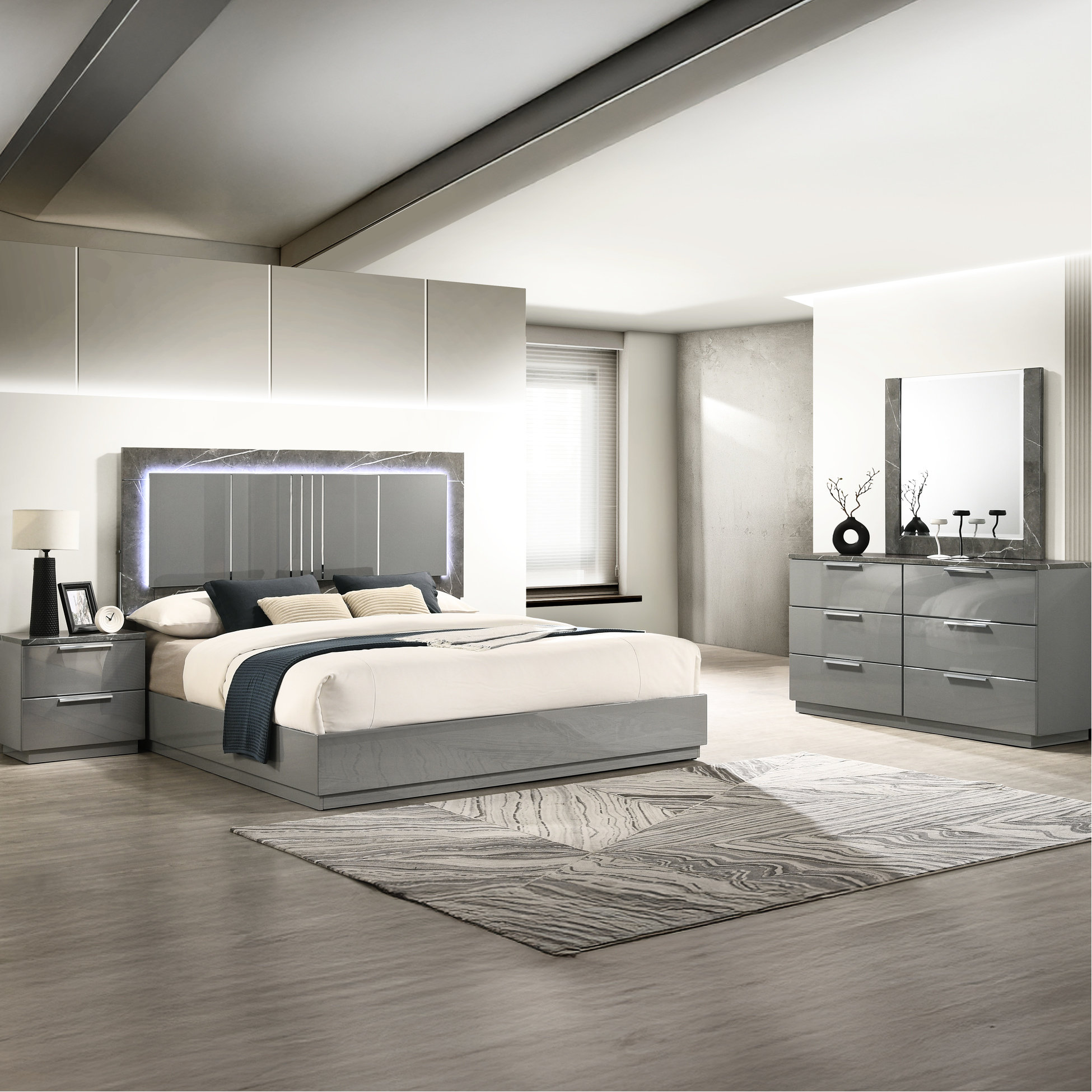 Brayden Studio® King Bed With Two - Tone High Gloss Marble & Lacquer ...