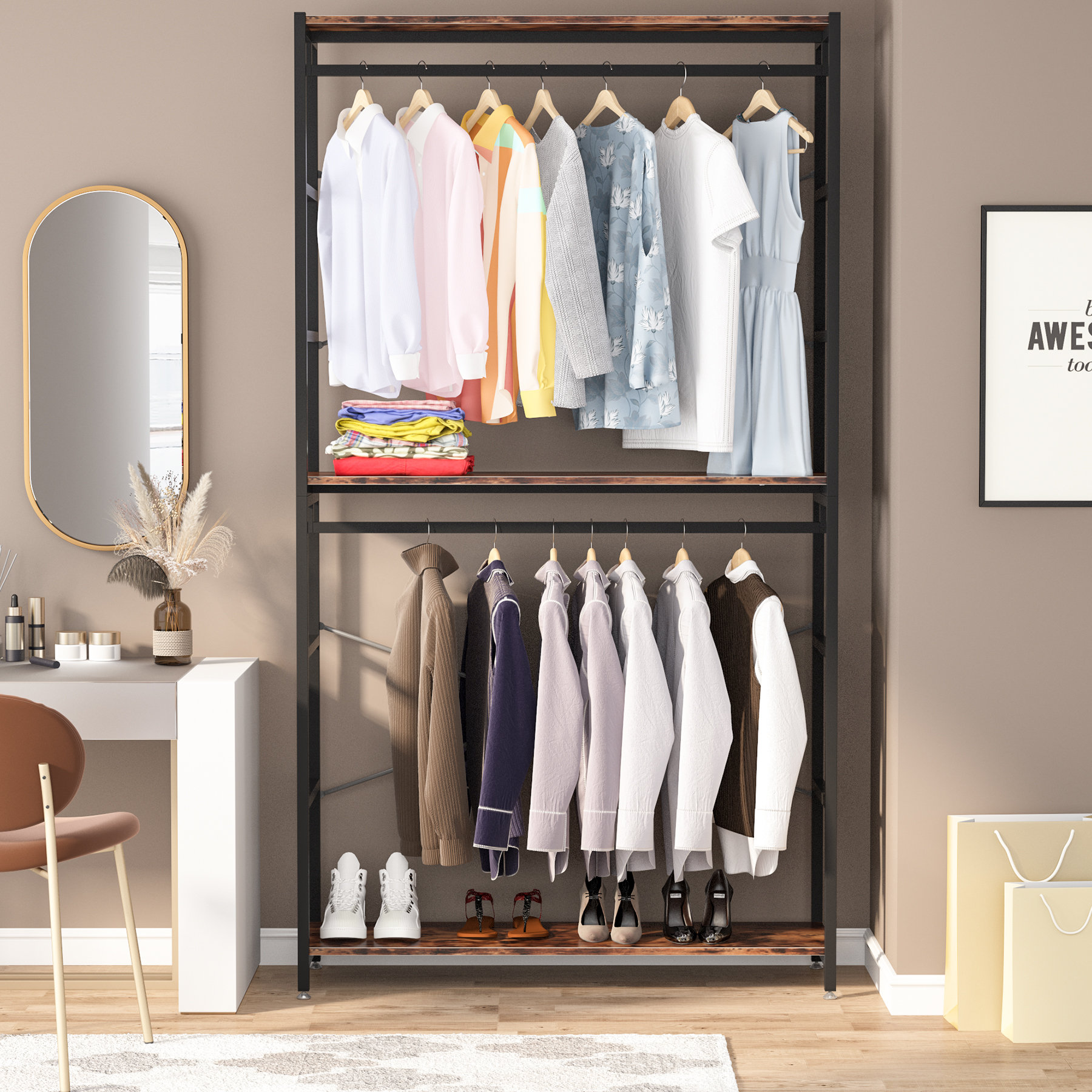17 Stories Benco 86" Tall Freestanding Closet Clothes Shelf, Garment ...