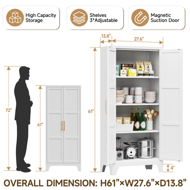 Winston Porter Metal Pantry Cabinet, 61" Tall Kitchen Pantry Storage ...