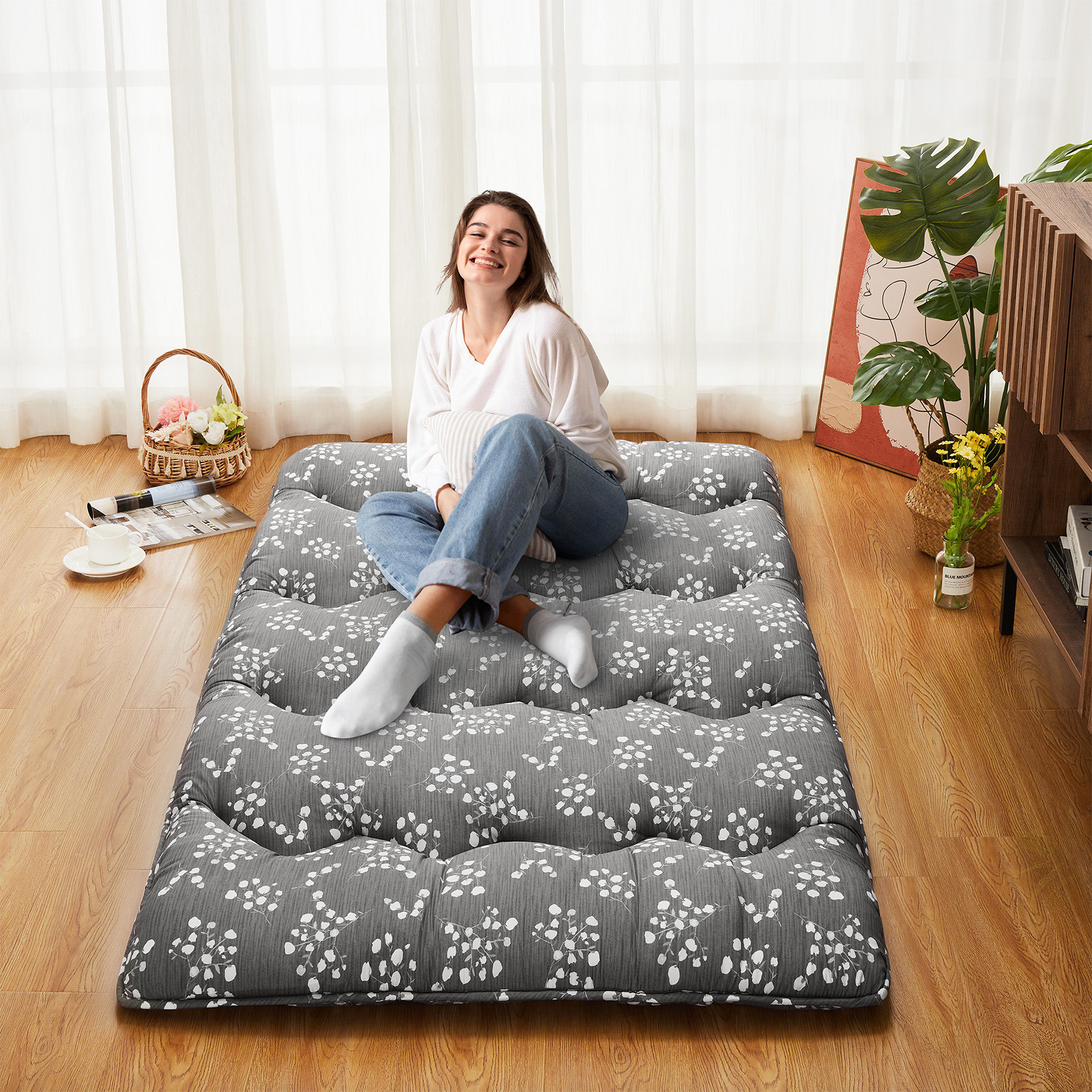 Winston Porter Japanese Futon Mattress Tatami Mat Floral Floor Mattress ...