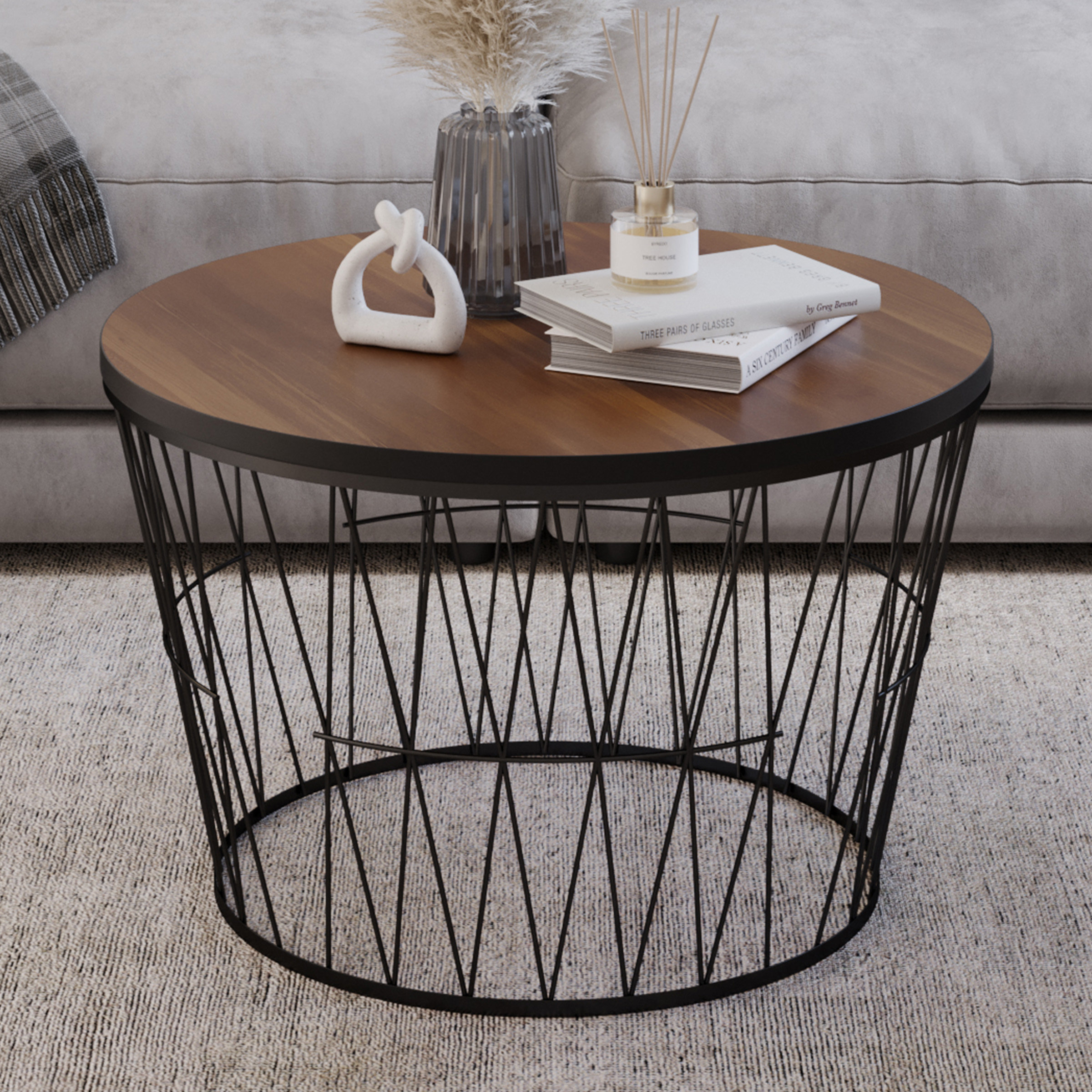 17 Stories Round Coffee Table with Geometric Metal Base - Small Modern ...