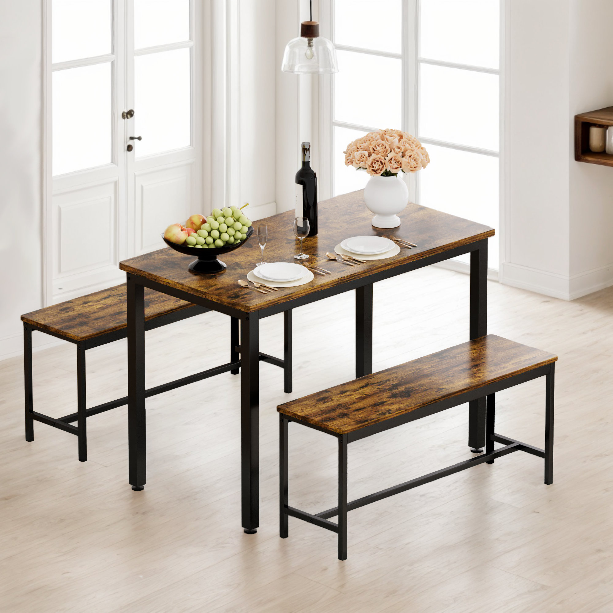 17 Stories Industrial Rustic Brown Dining Set: Dining Table With 2 ...