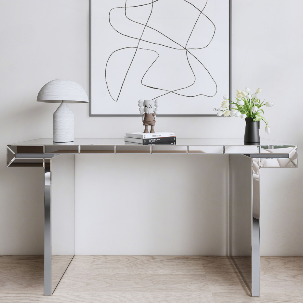 Mercer41 Mirror Console Table with Fluted Tempered Glass | Wayfair
