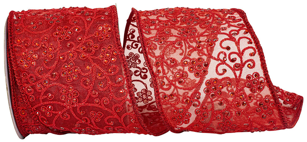 The Holiday Aisle® 4"x5yd Jewel Embroidery Tissue Silk Deluxe Wired ...