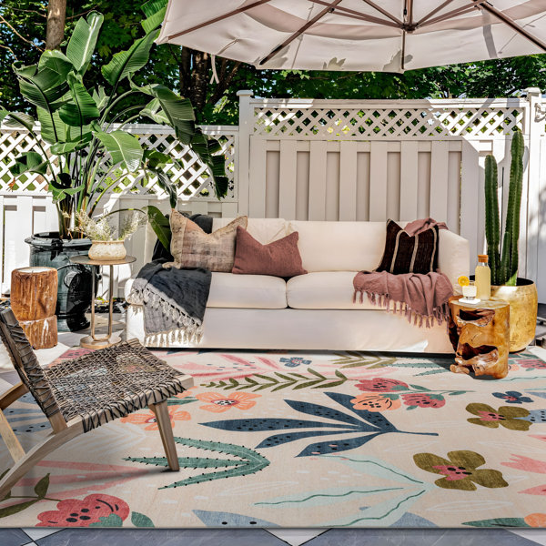 DECOMALL Floral Colorful Design Outdoor Rug Pink/Green/Yellow/Ivory ...