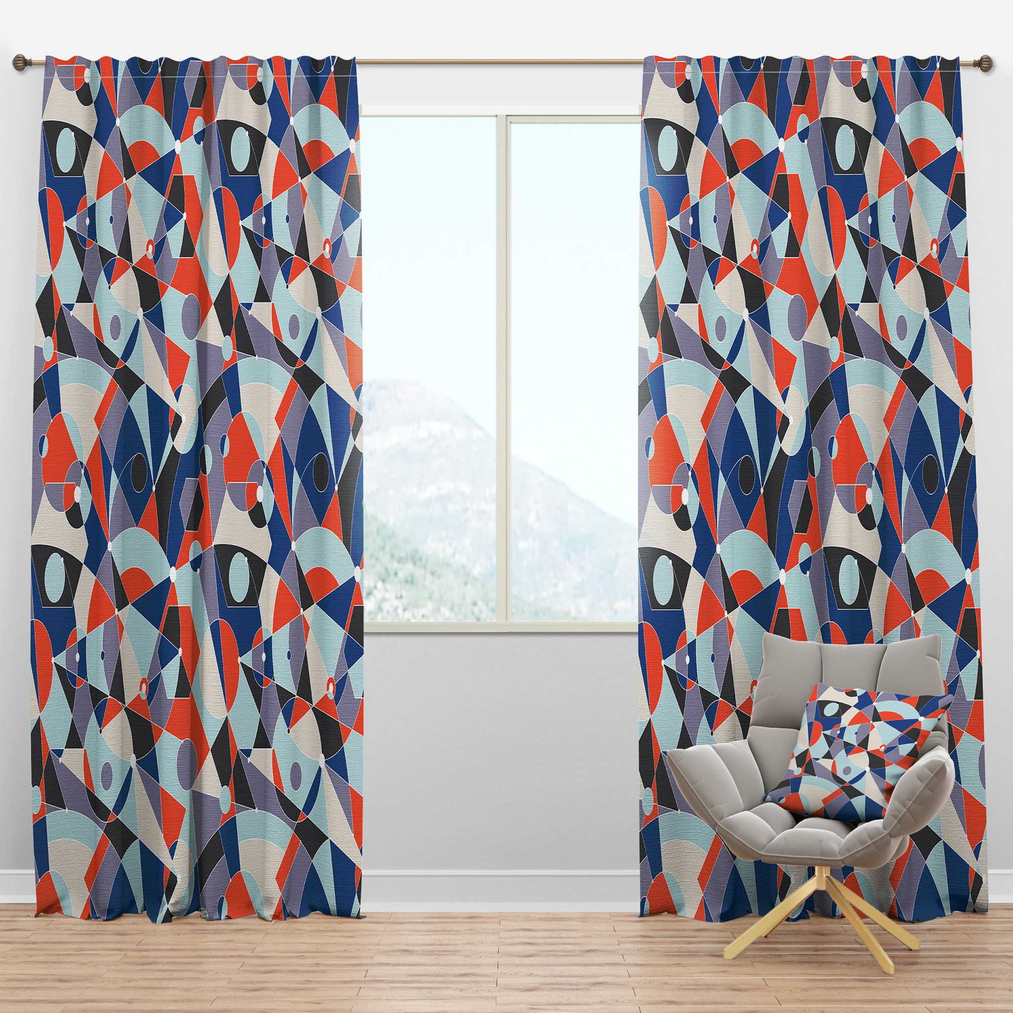 Design Art Retro Geometric Grid IV - Mid-Century Curtain - Velvet Room ...