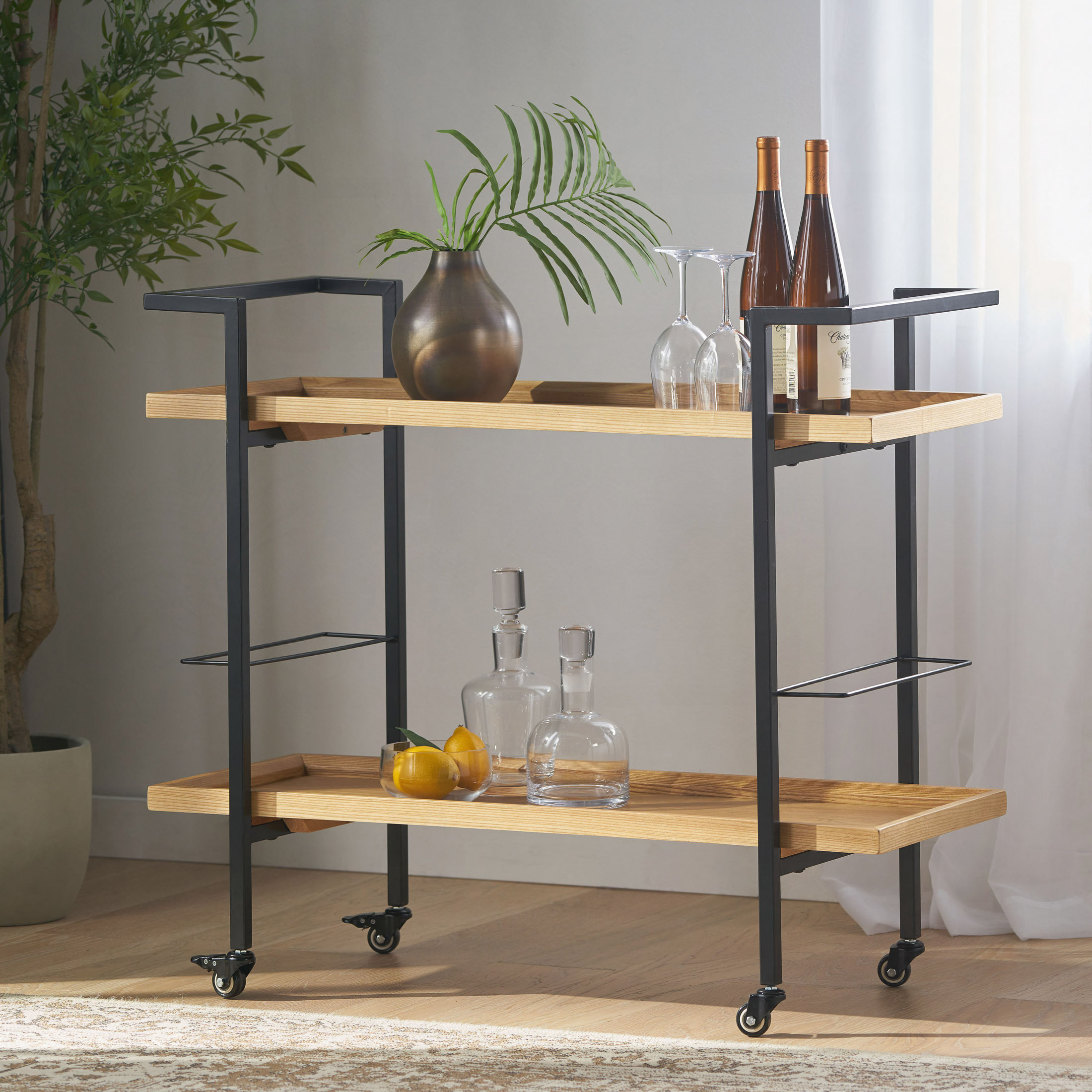 17 Stories Modern Industrial Bar Cart - Powder-Coated Frame & Wood ...