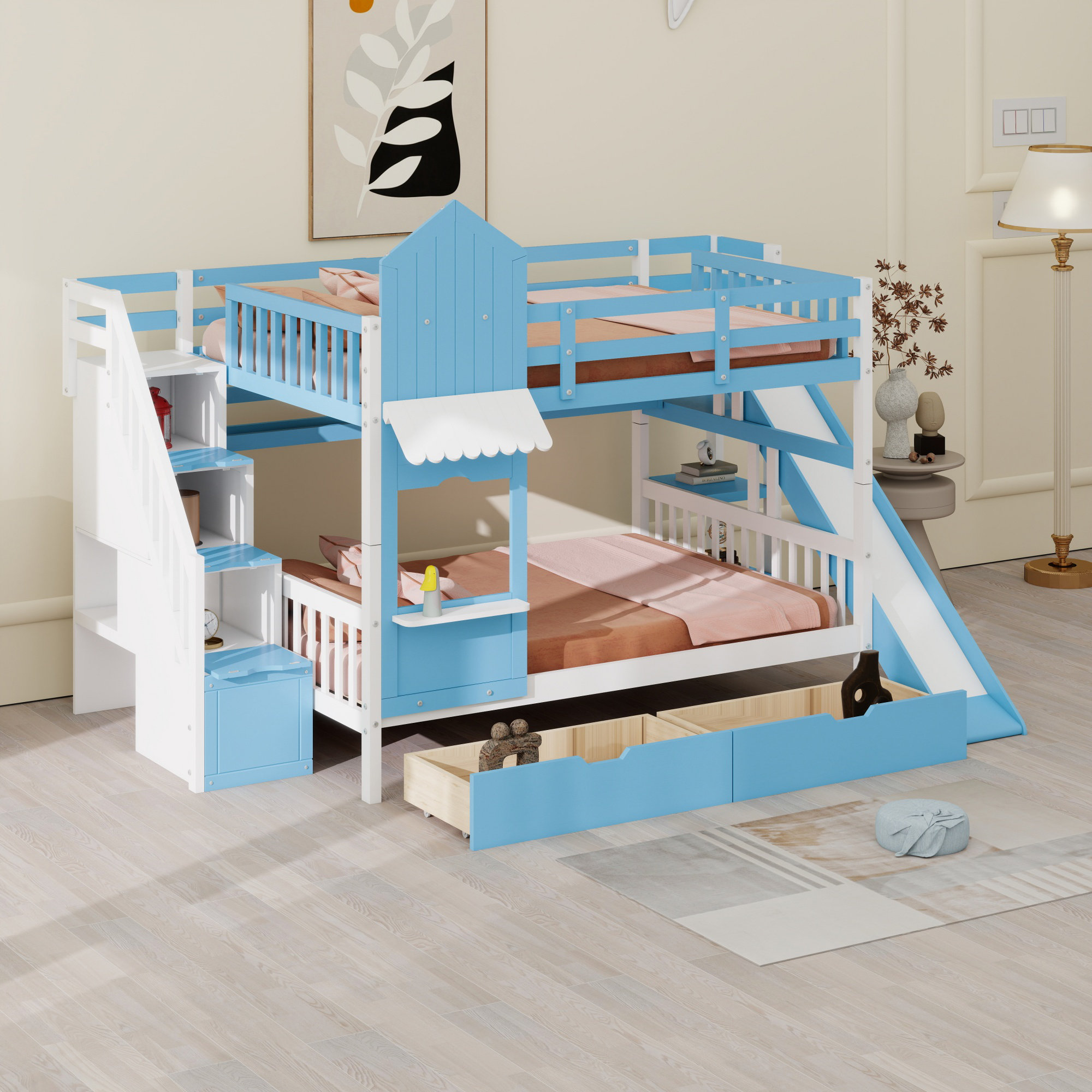 One Allium Way® Castle Style Bunk Bed With Drawers, Shelves And Slide ...