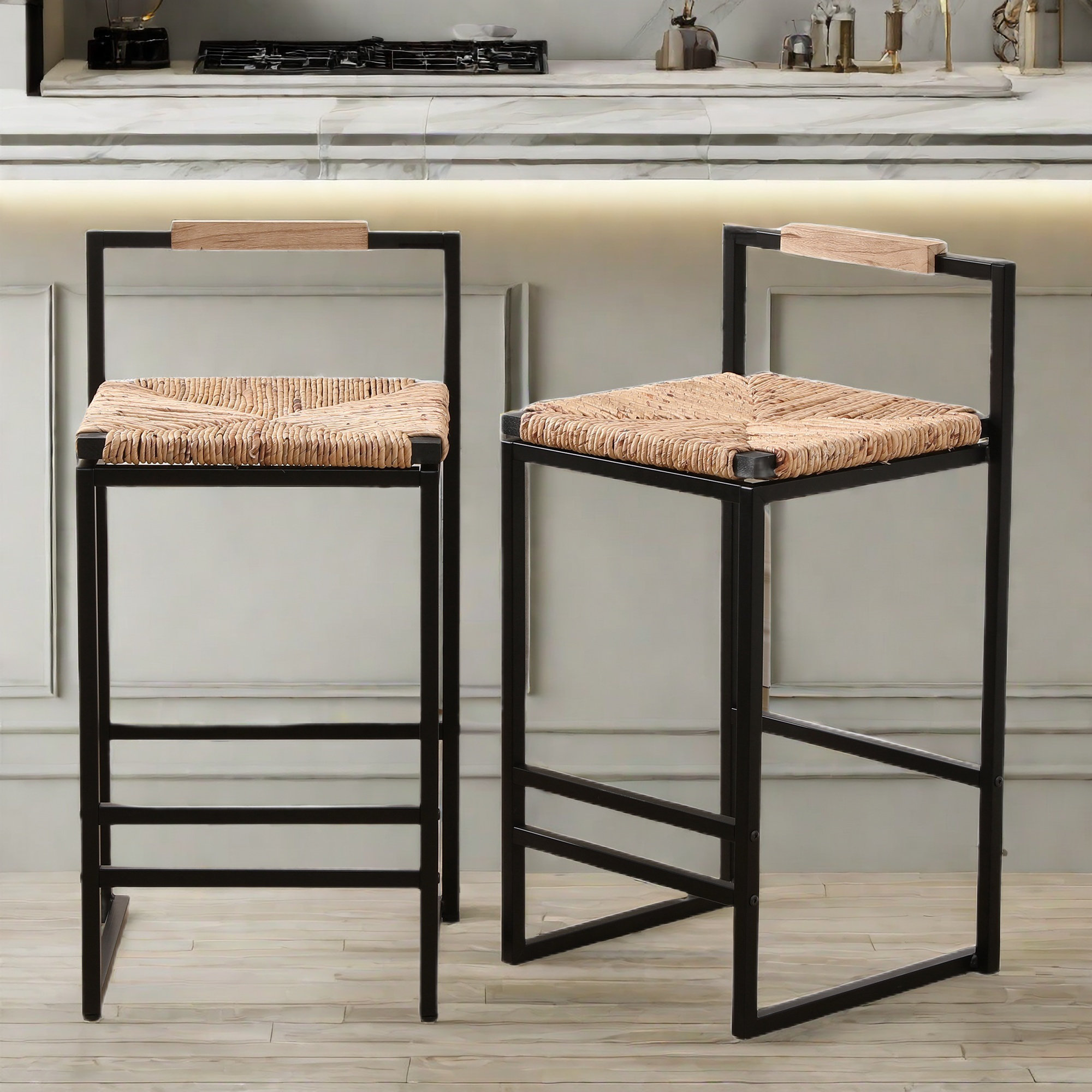 17 Stories Metal Frame Bar Stools Set Of 2 With Backrest And Footrest ...