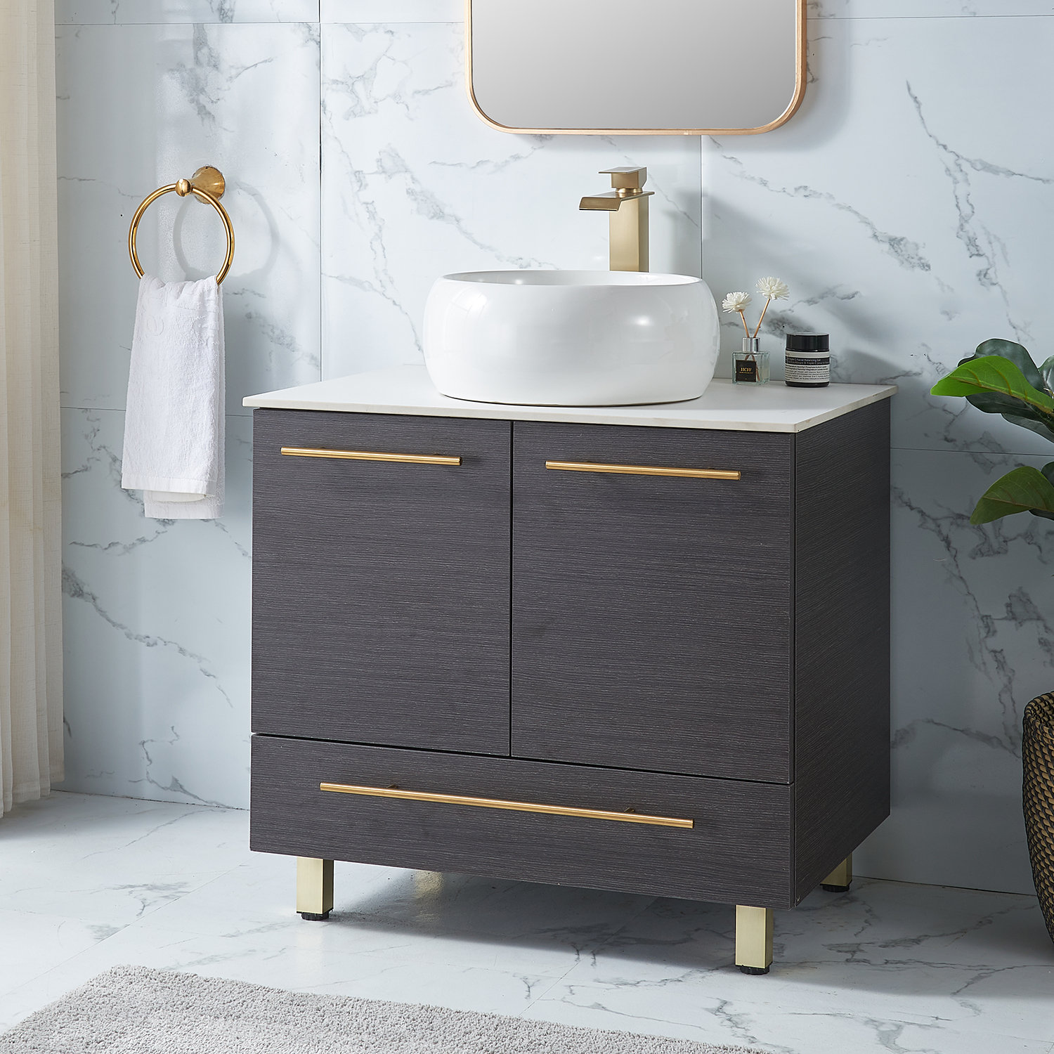 Ebern Designs Pyrs 30" Modern Wood Grain Free-Standing Single Bathroom ...