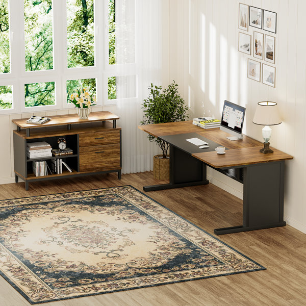 17 Stories 63" Executive Office Desk Drawer Cabinet,L Shaped Desk With ...