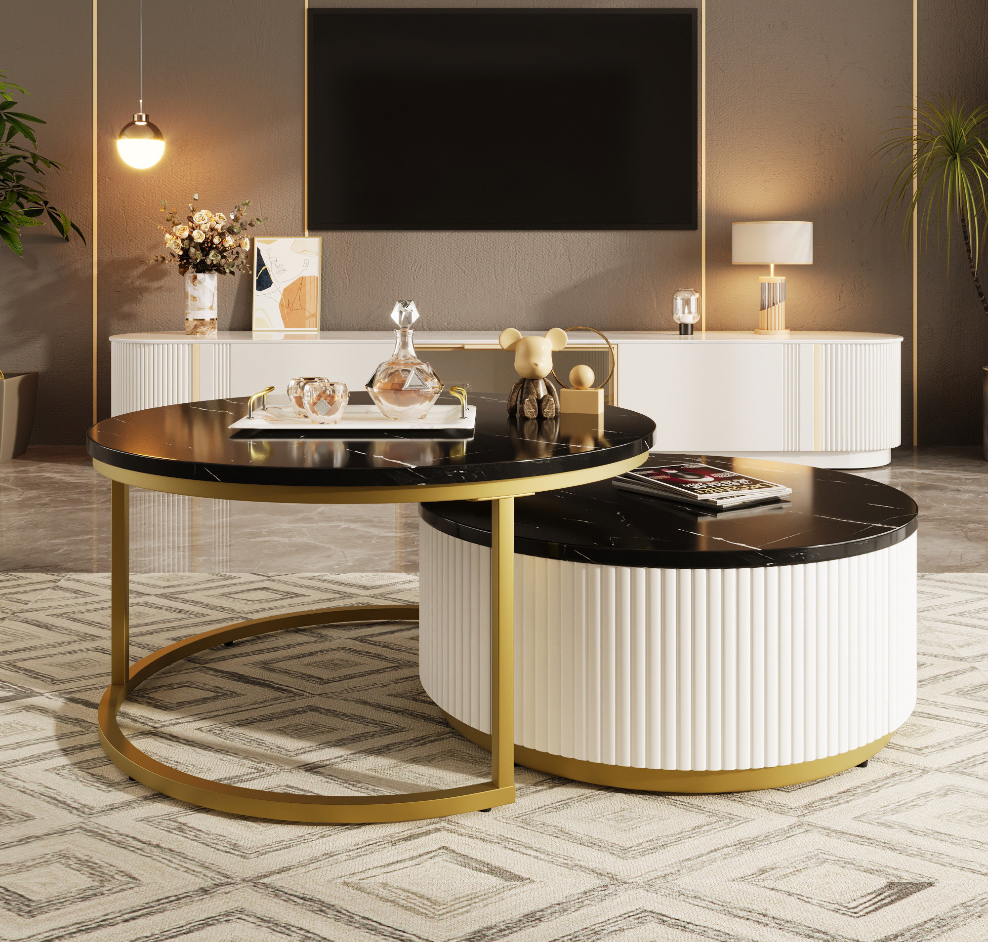 Everly Quinn Modern Round Nesting Coffee Table Fluted with Drawer in ...