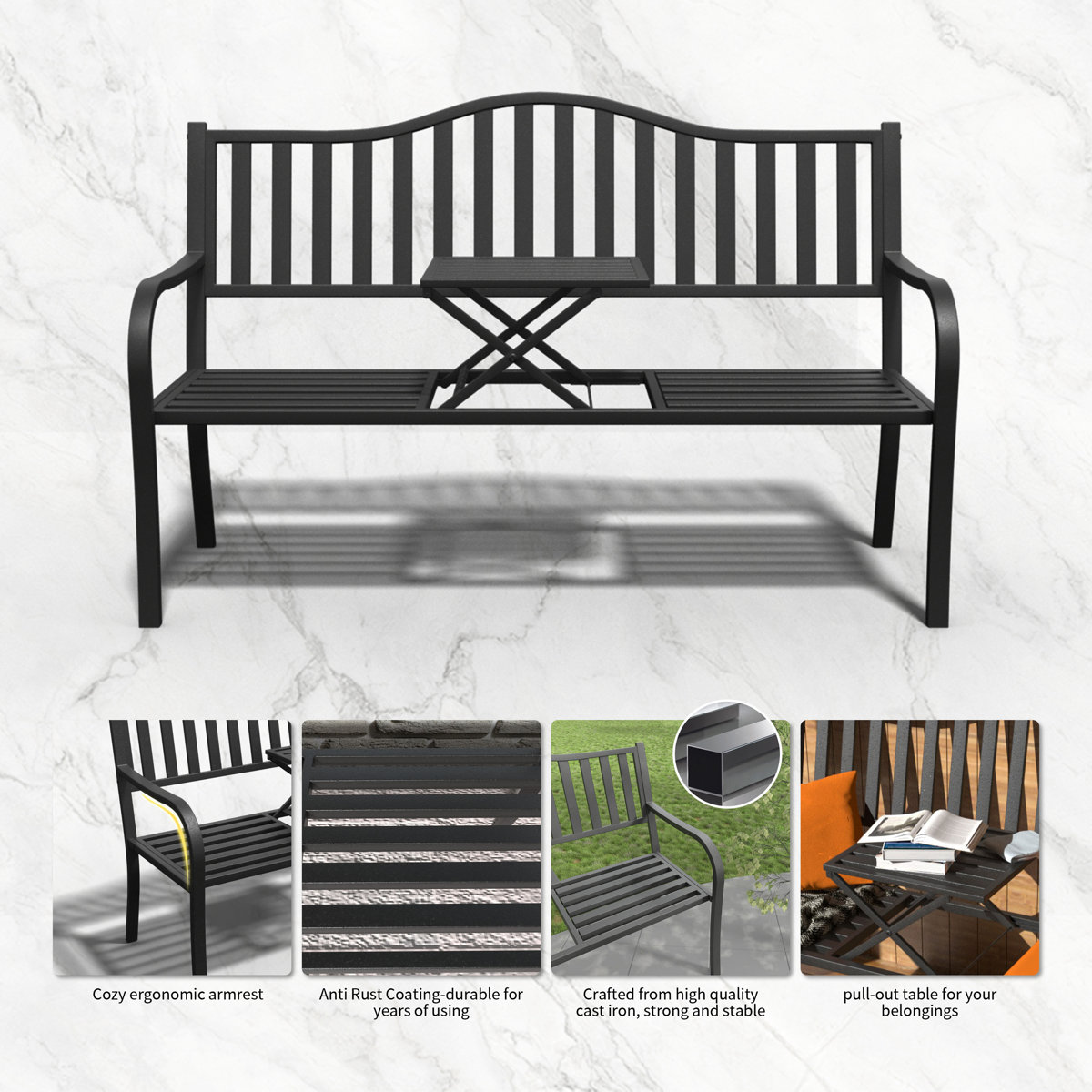YLGJ&TIDY 59" Outdoor Bench, Rustproof Metal Garden Bench with Pull Out ...