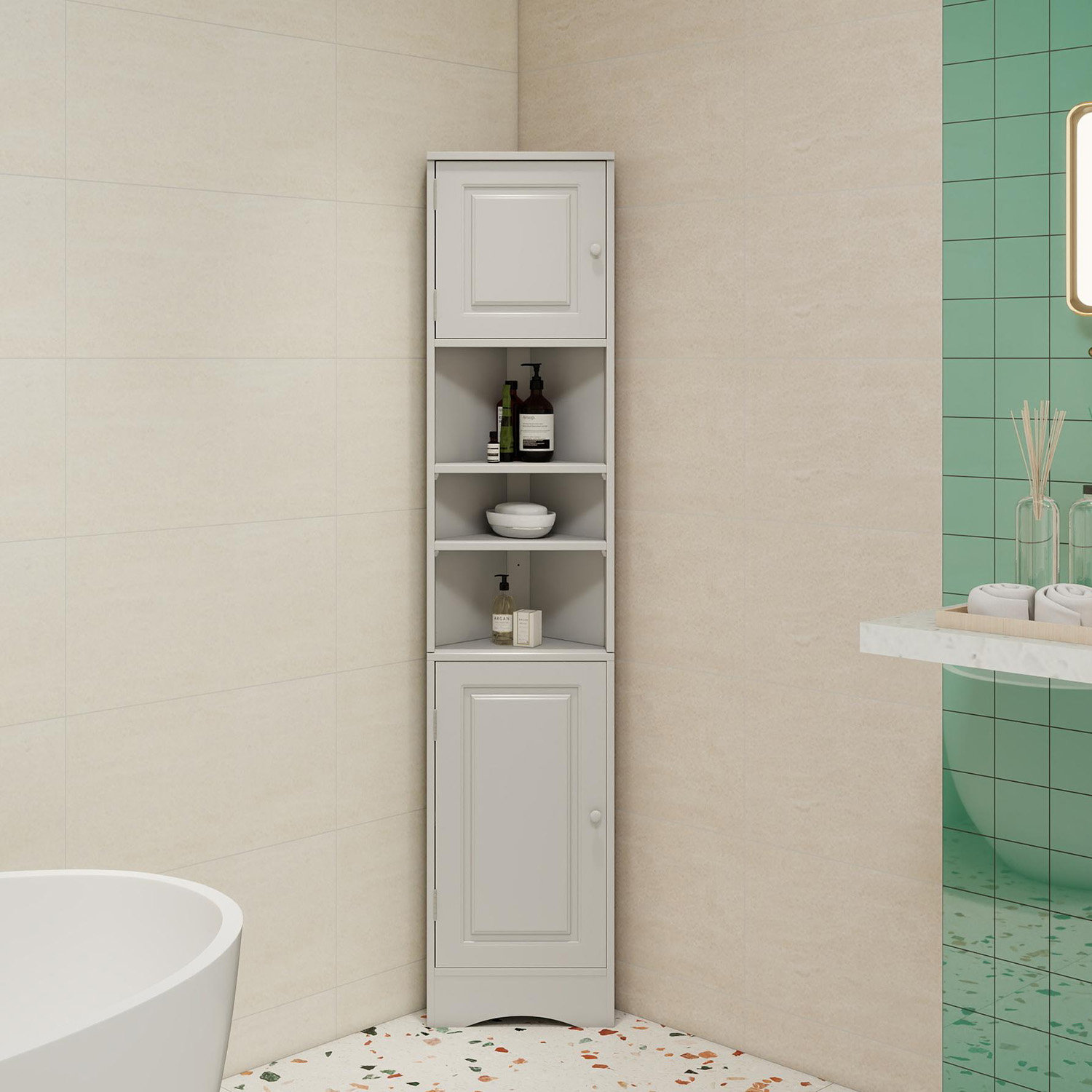 Lark Manor White Multifunction Corner Cabinet High Bathroom Storage ...