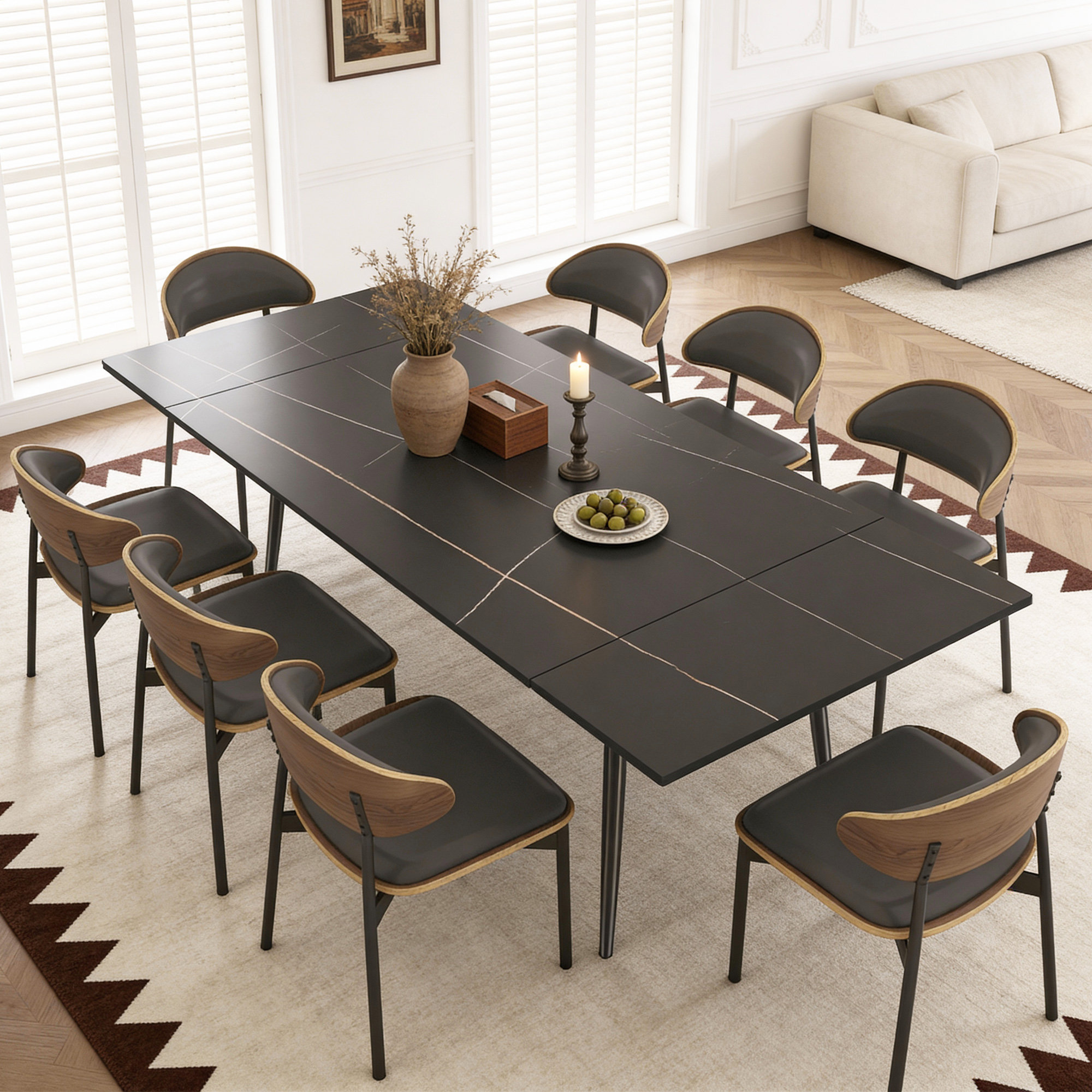 George Oliver 94.4 Inch Extendable Marble Effect Sintered Stone Dining ...