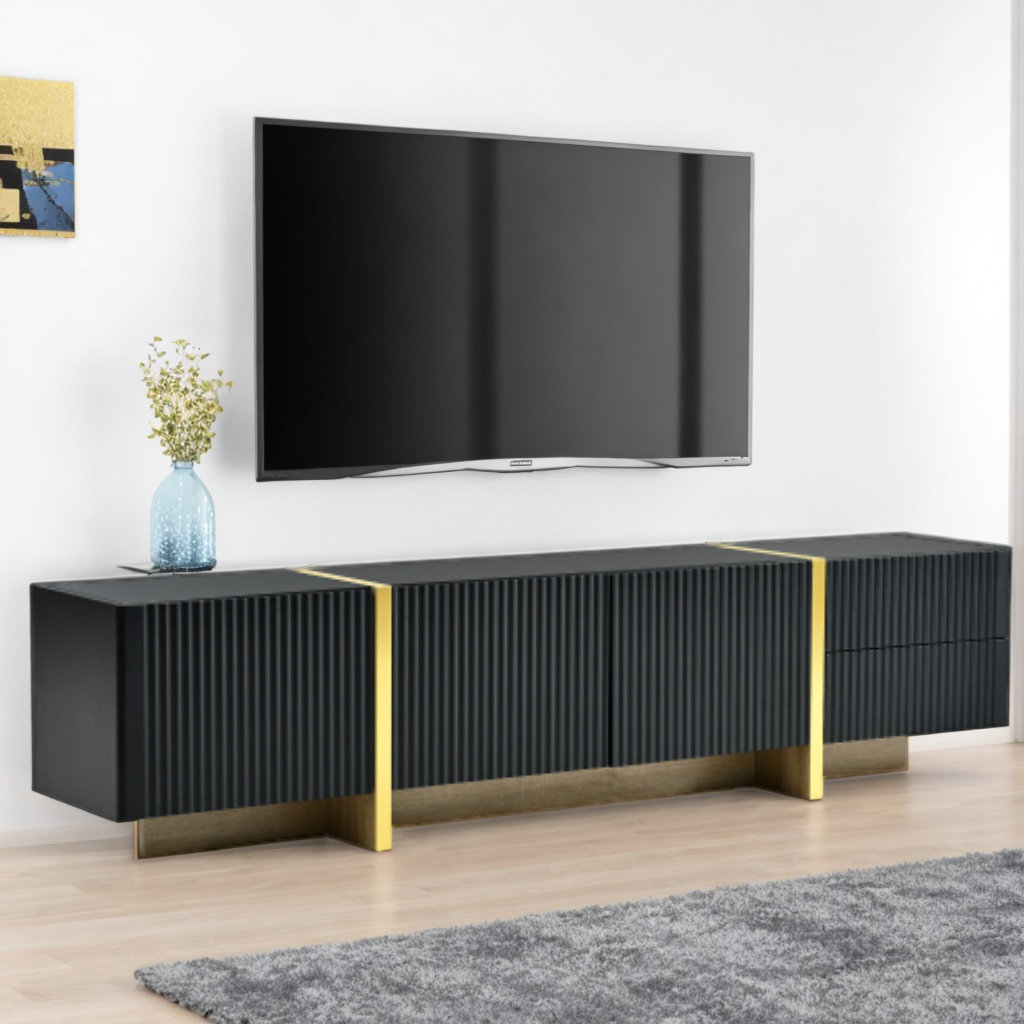 Mercer41 Luxury Fluted TV Stand with Golden Wood Grain Legs and ...