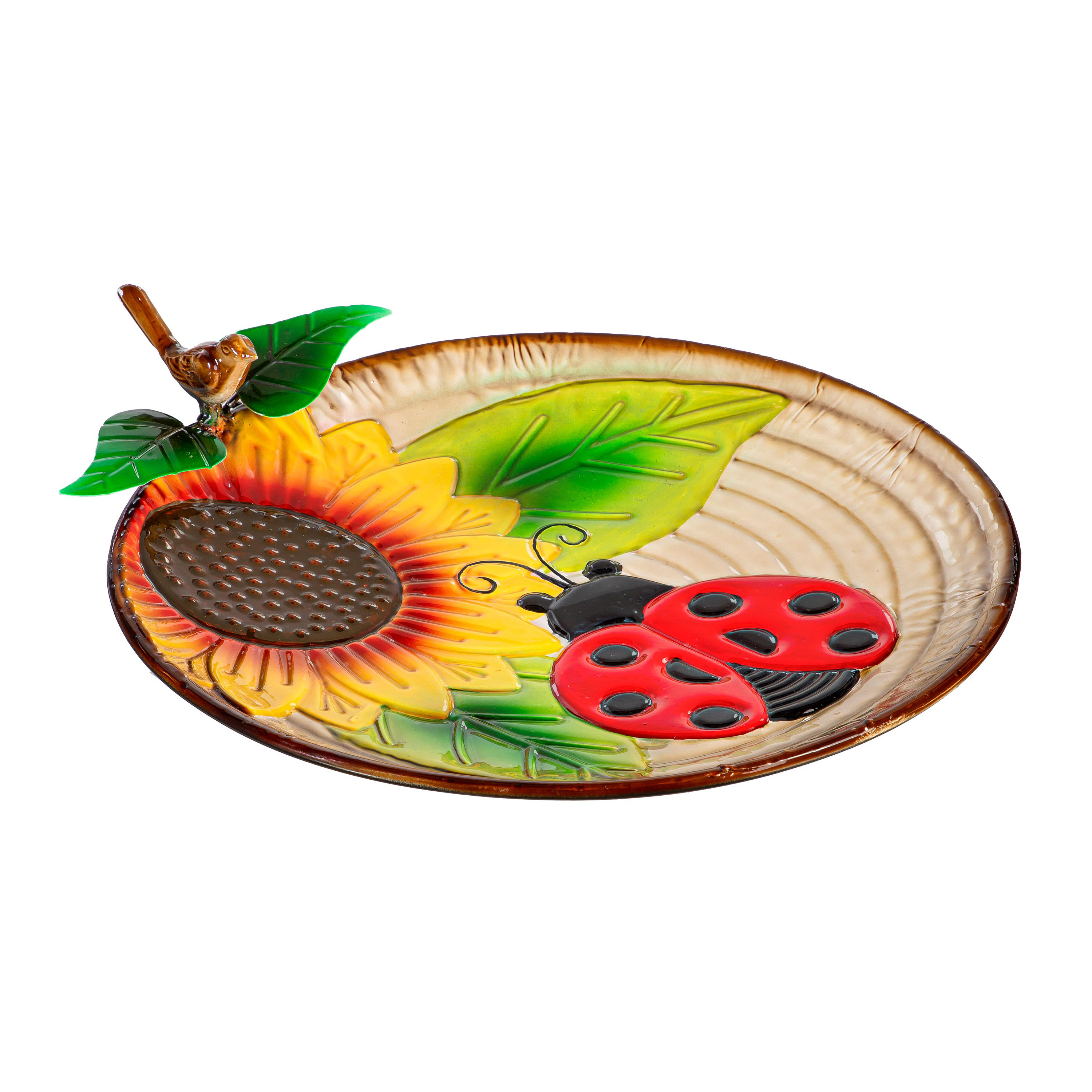 August Grove® 17" Metal Bird Bath, Ladybug & Sunflower | Wayfair