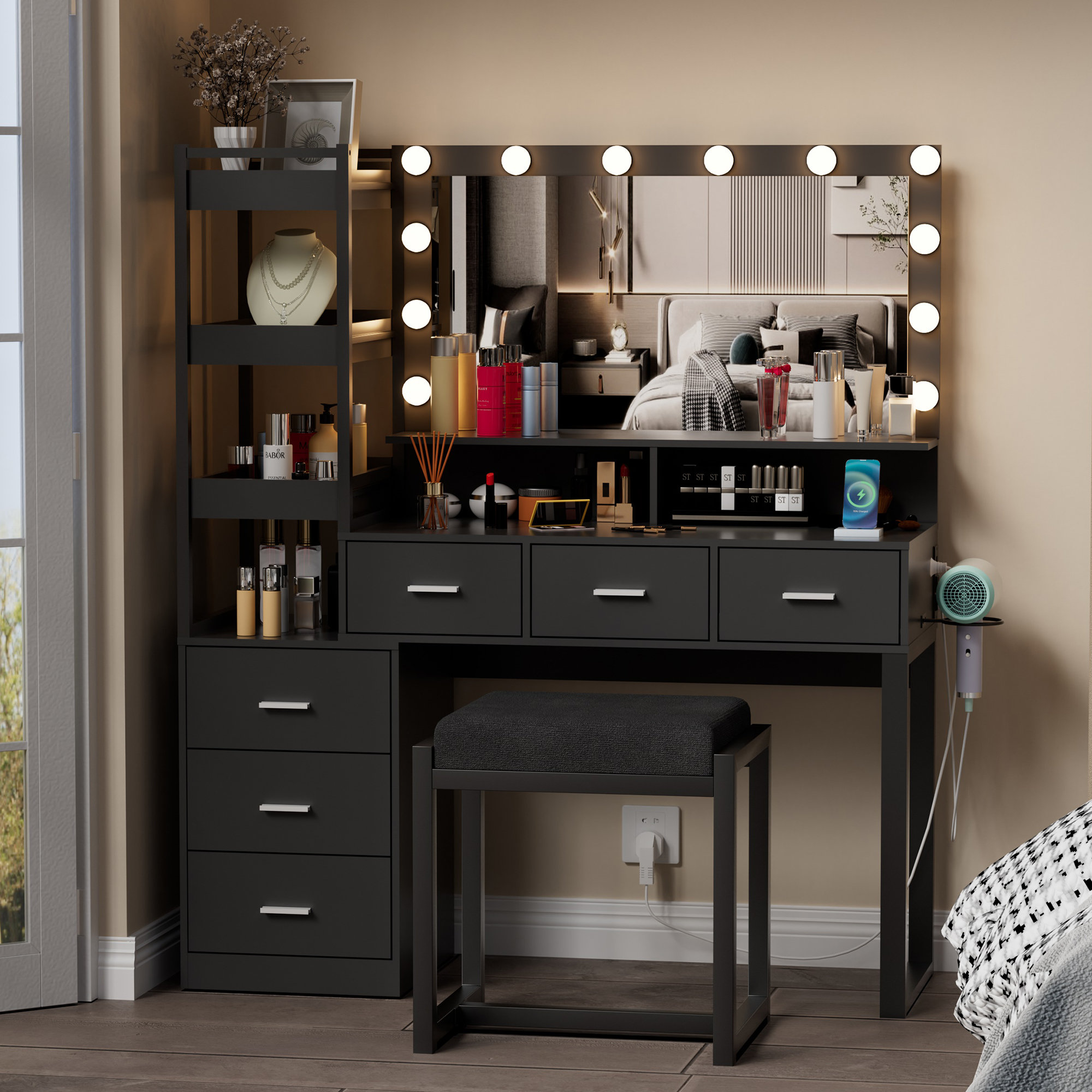 Latitude Run® Kelila Makeup Vanity Desk with Lighted Mirror and ...