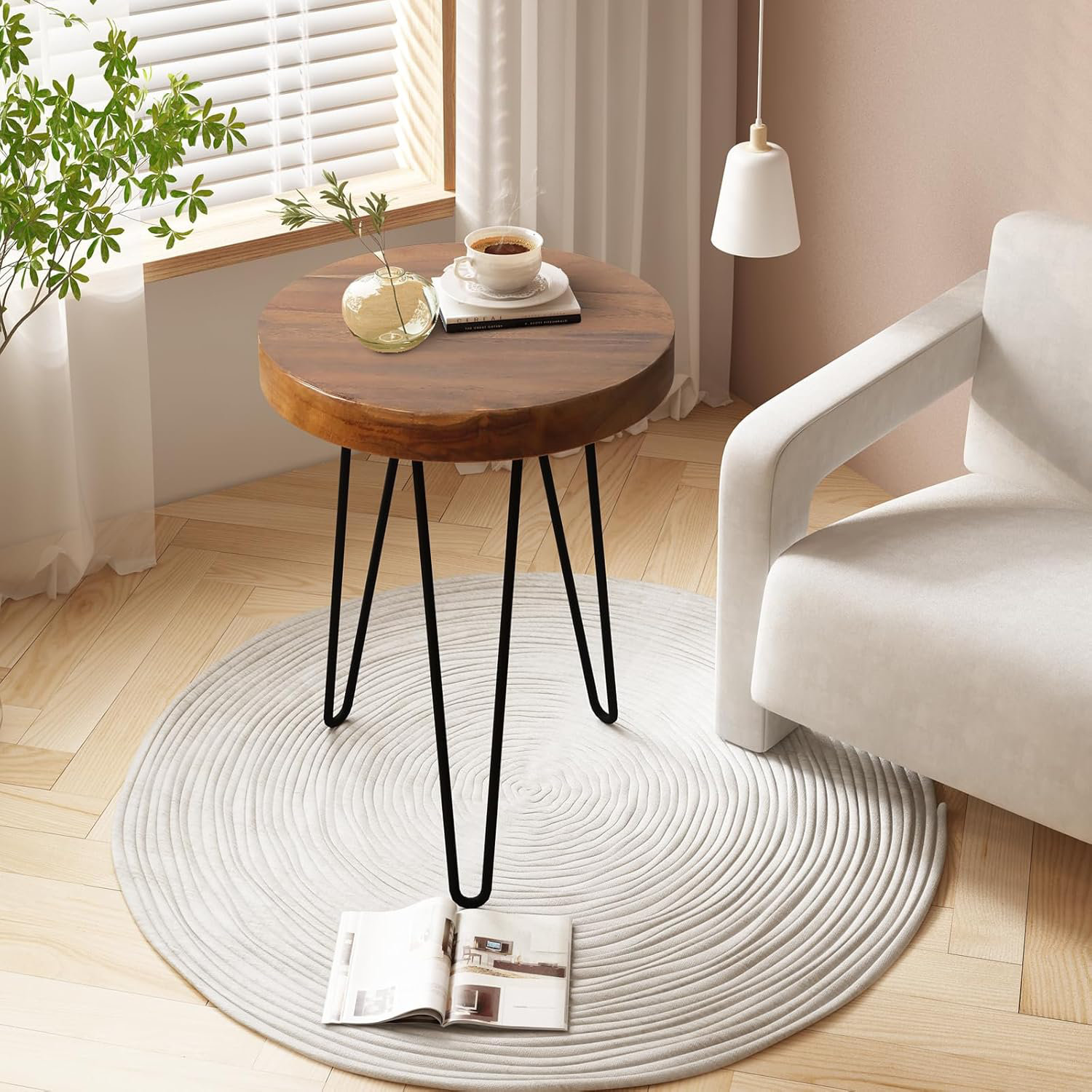 17 Stories Rustic Solid Wood End Table With Metal Hairpin Legs - Round ...