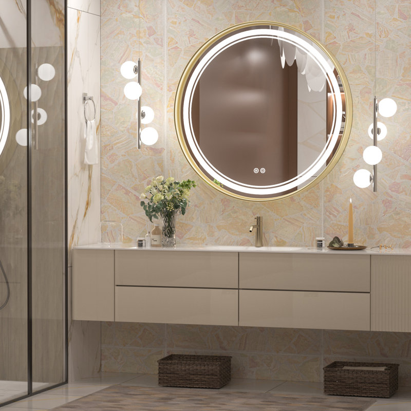 Latitude Run® Lawnmount Round Vanity Mirror LED Lighted Metal Wall ...