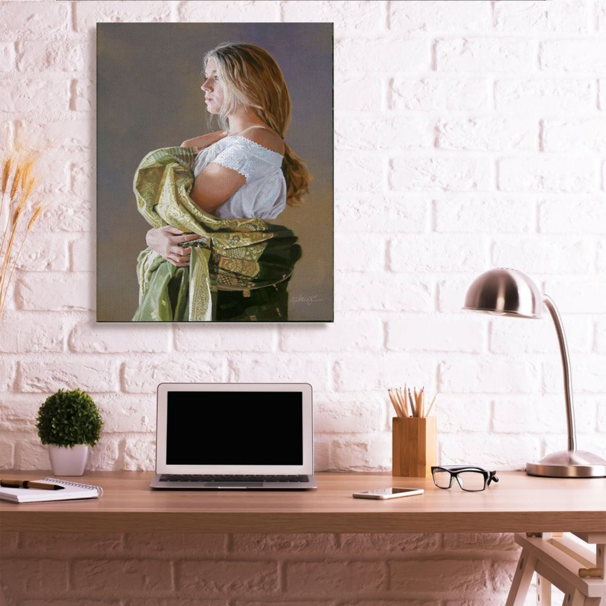 Ebern Designs Woman Posing with Intricate Cloth over Neutral by Heide ...