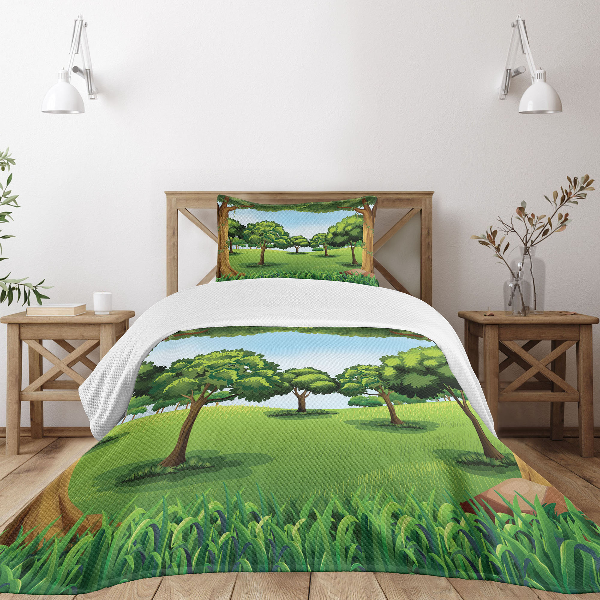Ambesonne Forest Bedspread Set Nature Scene Summer Green Pale Blue ...