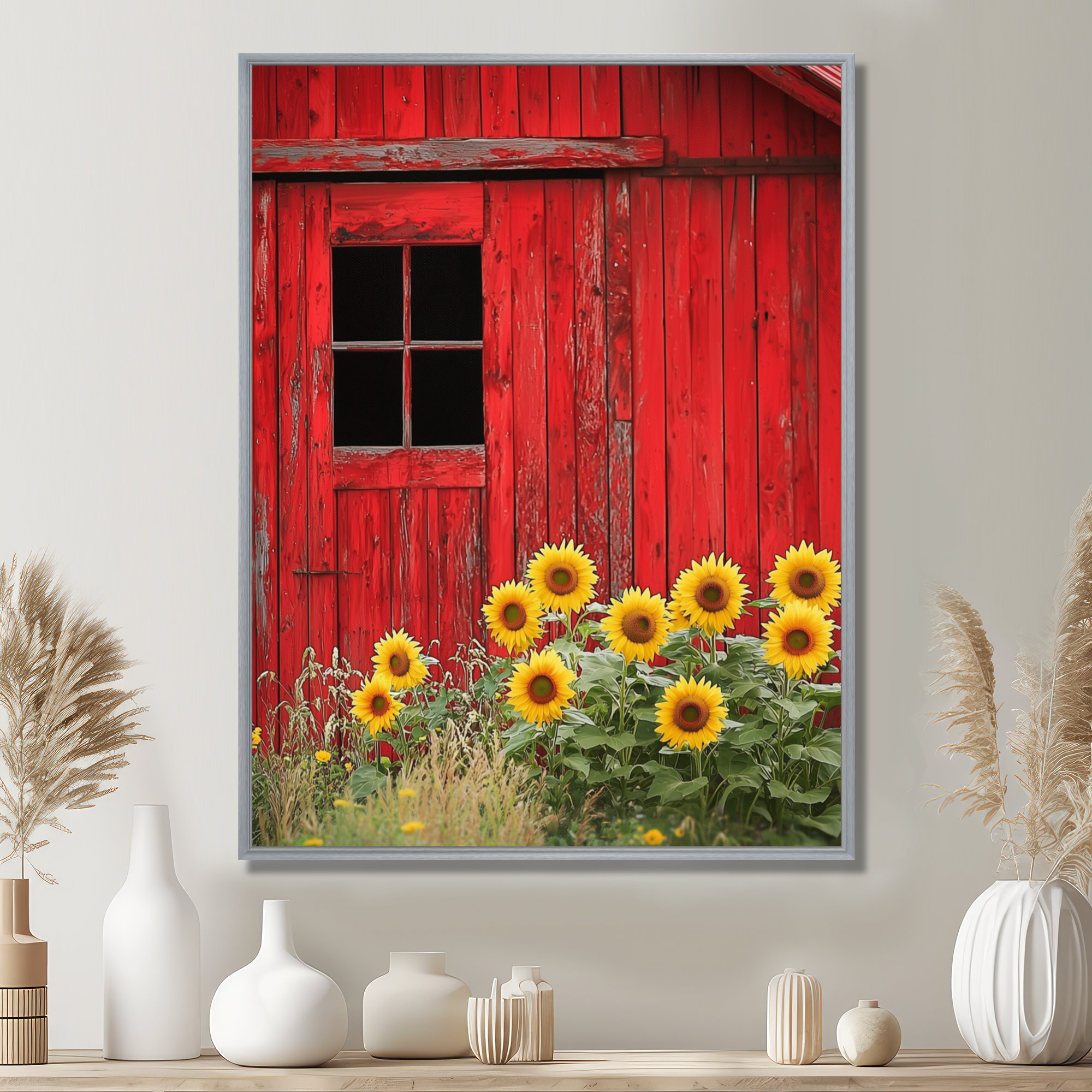 Ebern Designs Sunflowers And The Red Barn II - Sunflowers Canvas Print ...